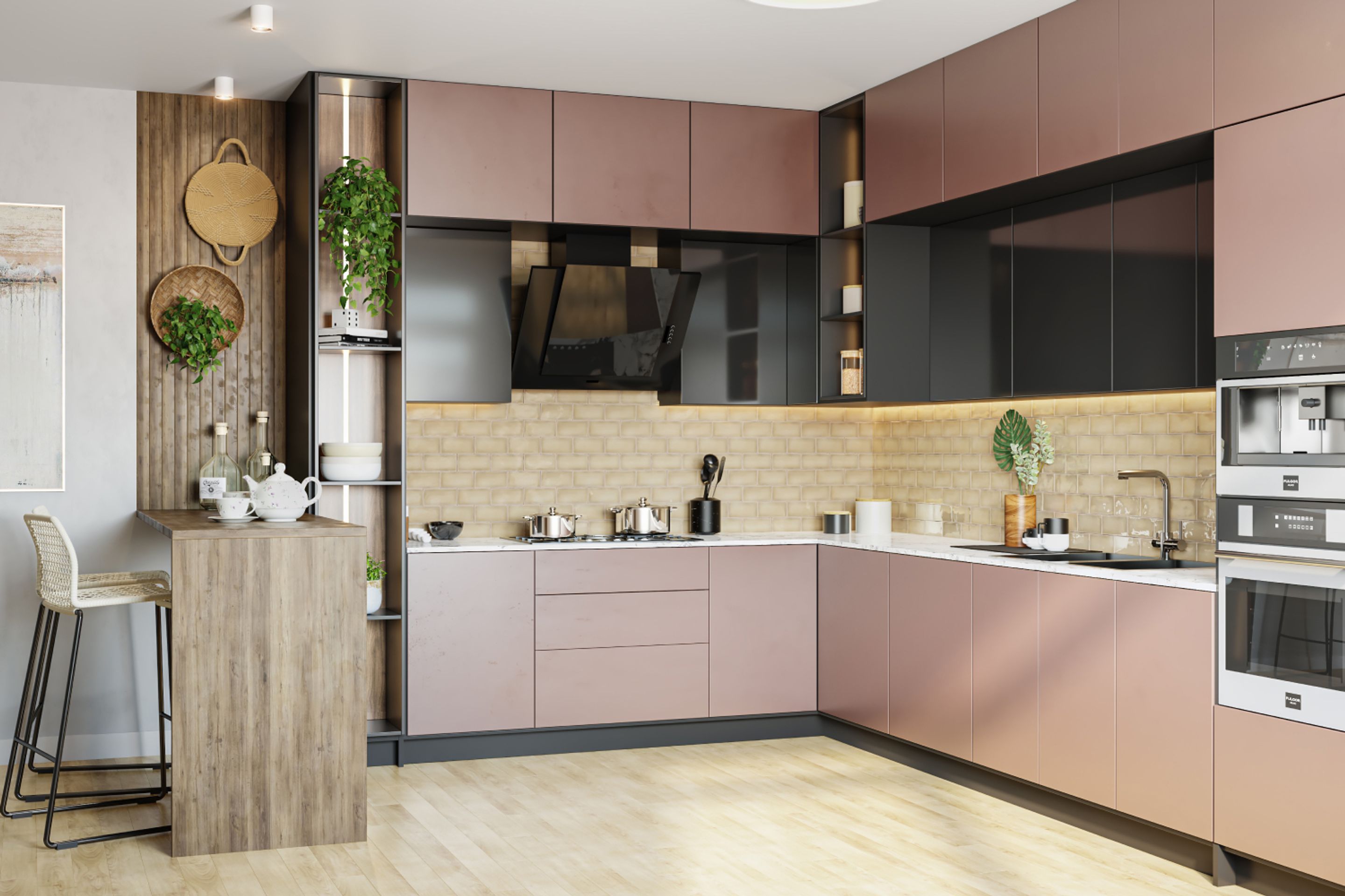 Pink And Black Modular Kitchen Design With Beige Brick Kitchen ...