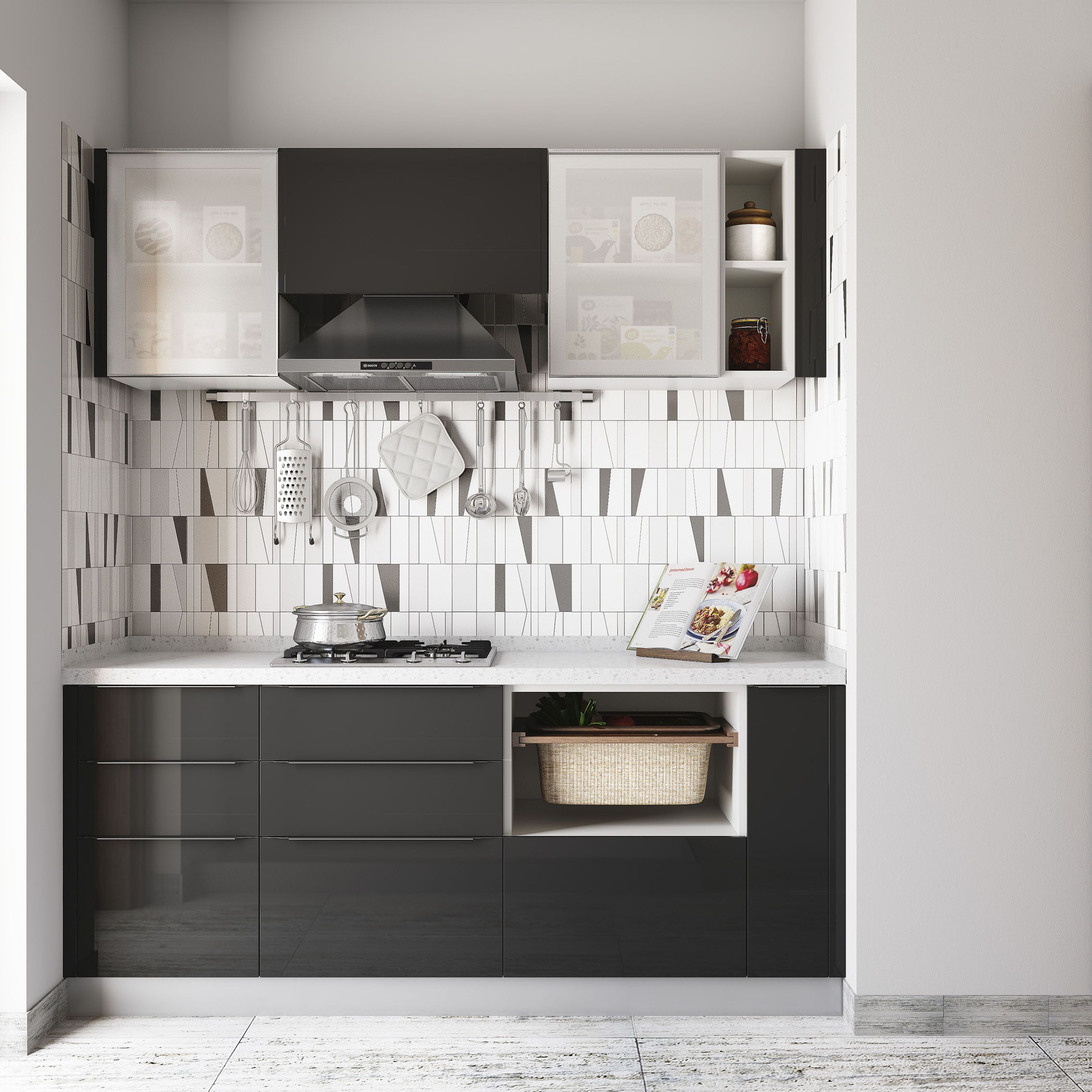 Ceramic Abstract Kitchen Tile Design In Grey And White | Livspace