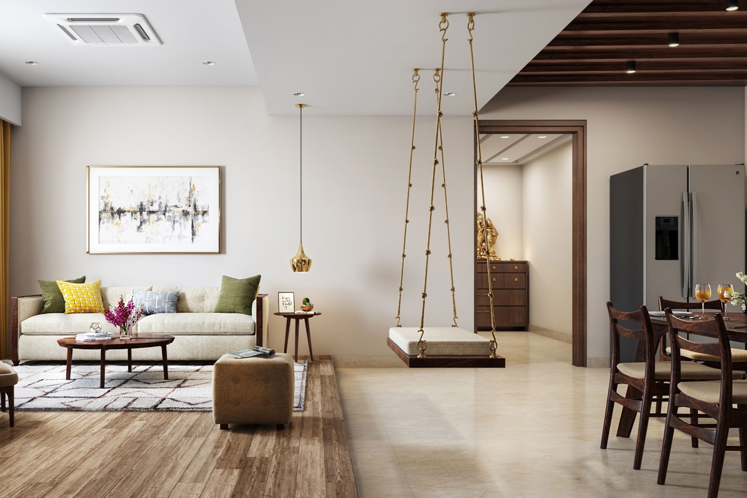 Spacious Double False Ceiling Design Divided By A POP Beam And Wooden ...