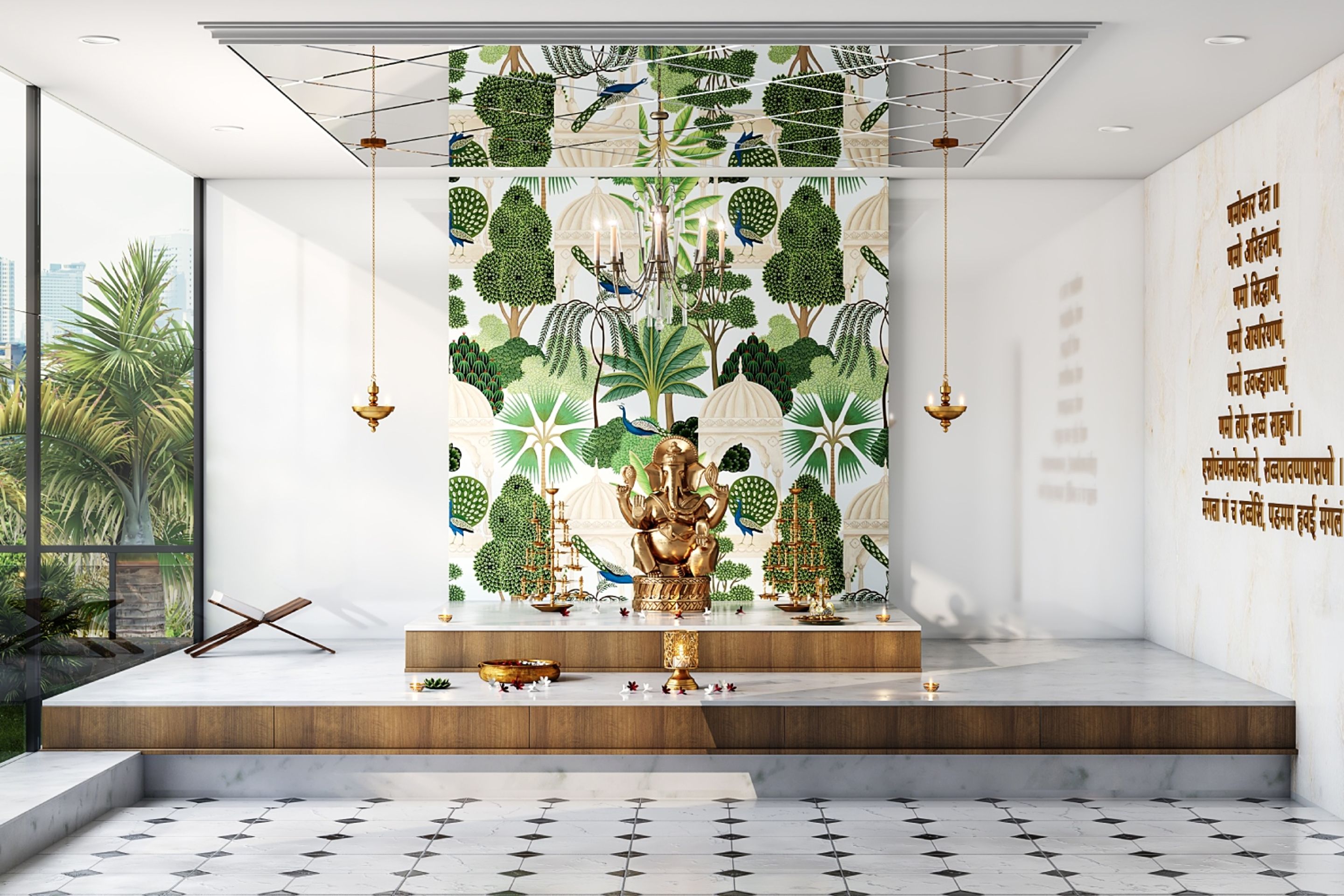 Contemporary False Ceiling Ideas For Pooja Room With Bevelled Mirror ...