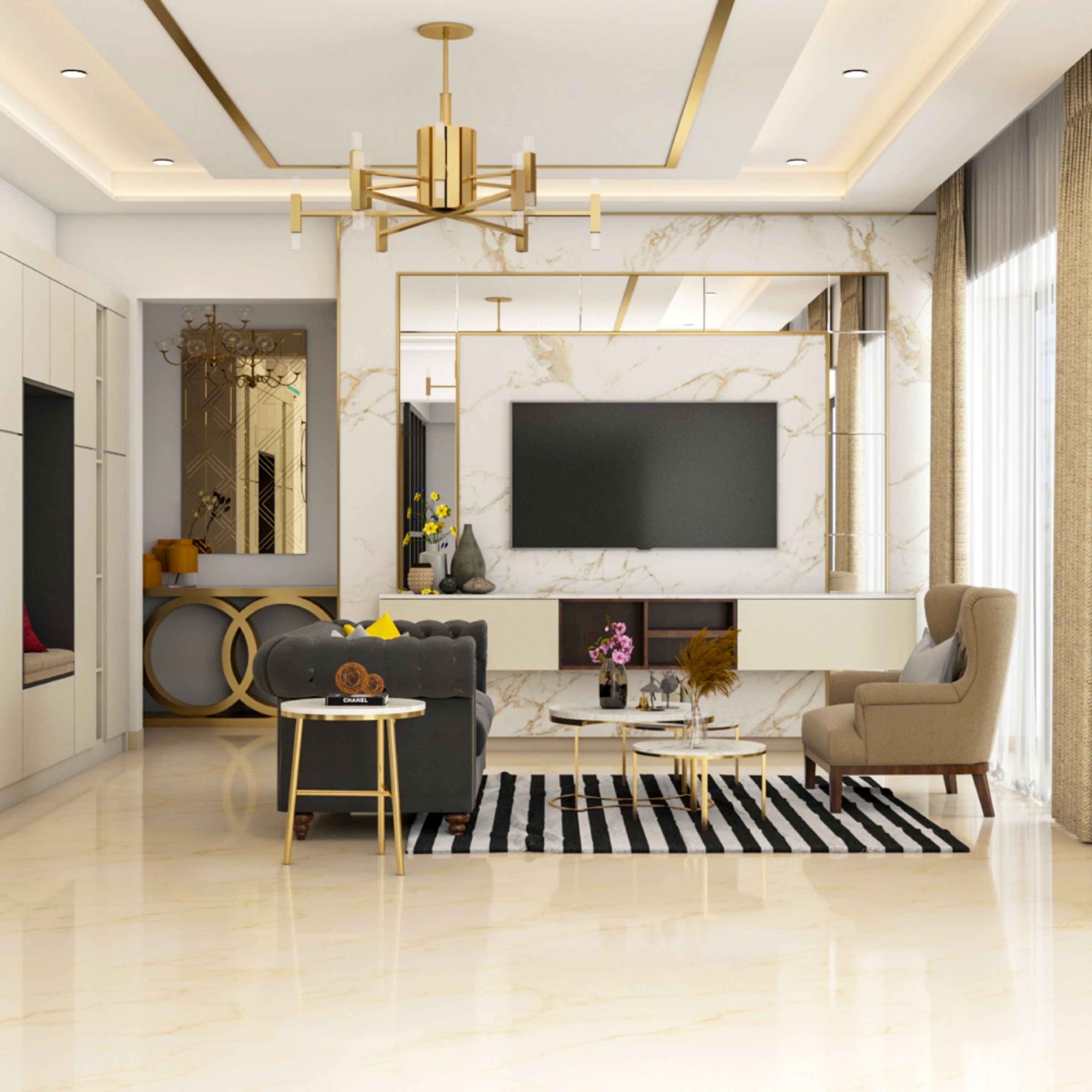 Living Room Off-White Flooring Design With Seamless Aesthetic | Livspace