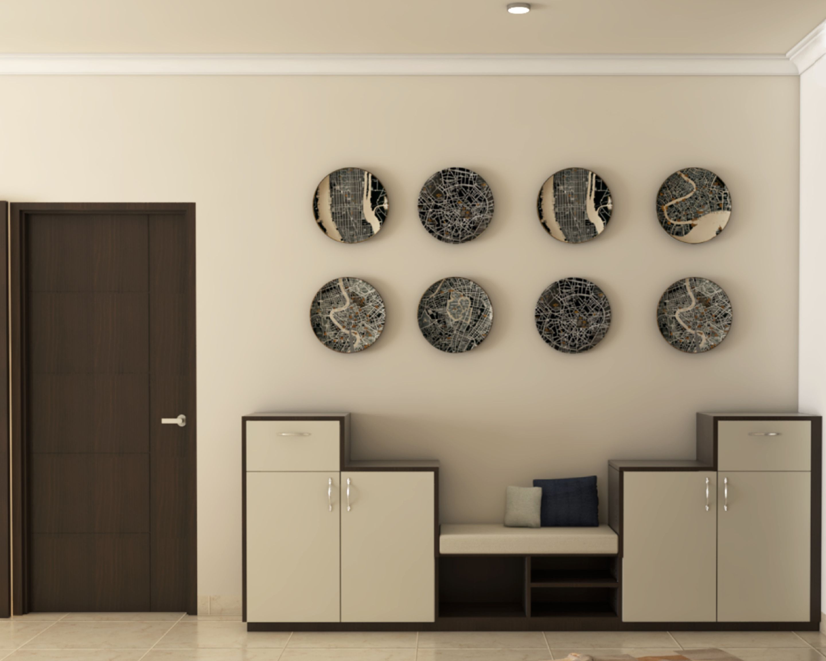 Champagne-Toned Foyer Design With Stepped Storage Unit And Plated Wall ...