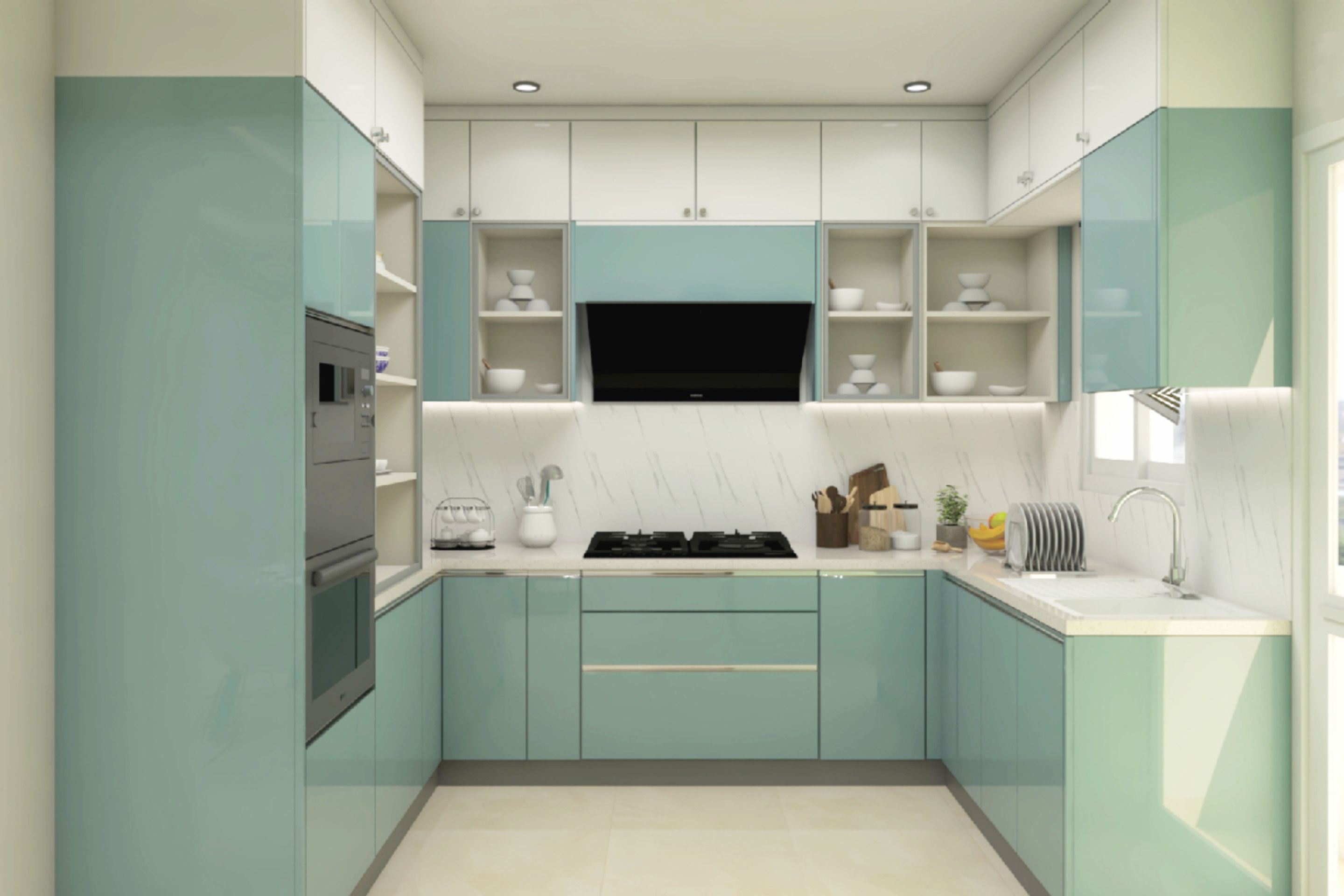Light Blue And White U-Shaped Kitchen Design With White Backsplash ...