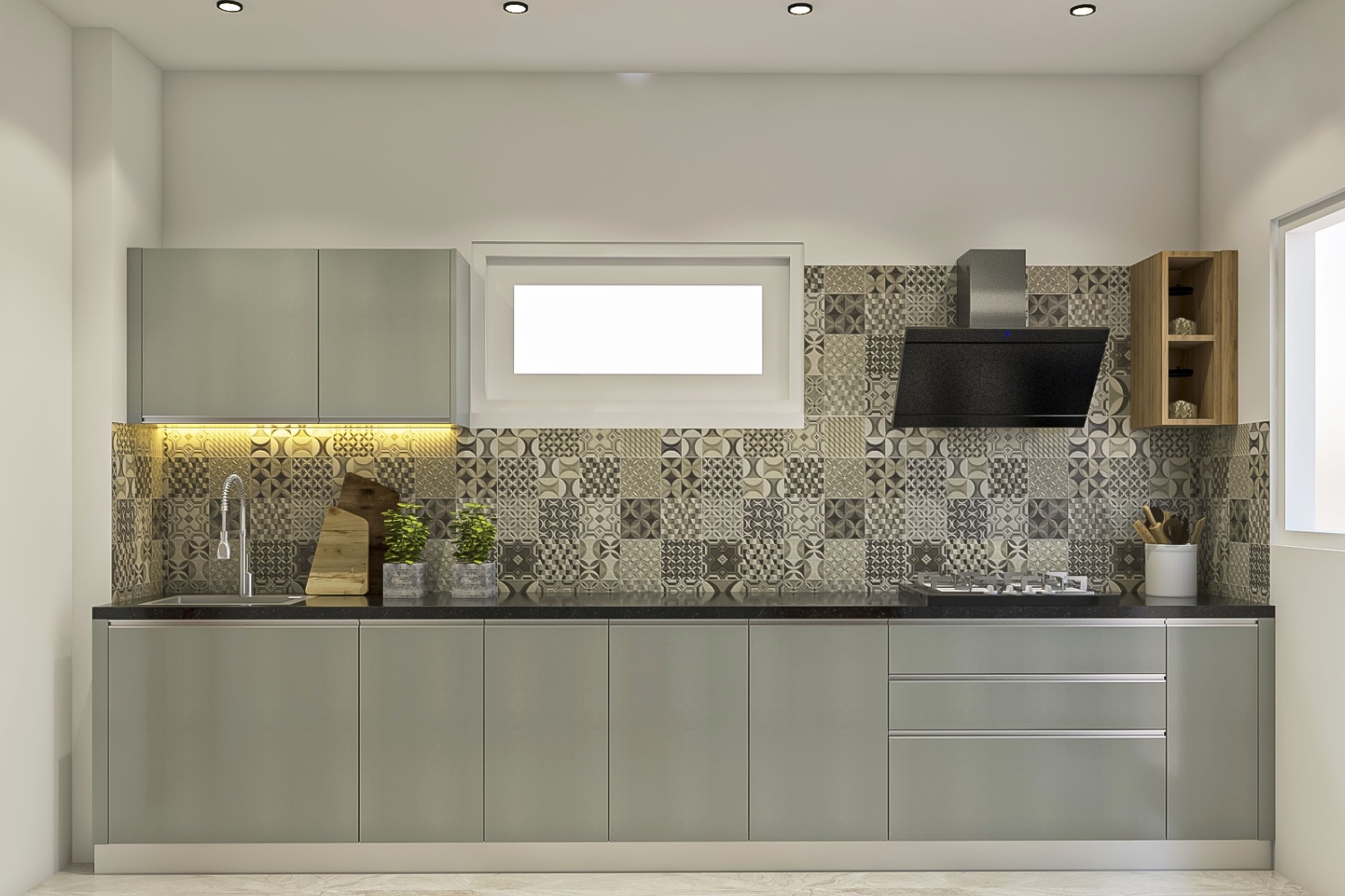 Light Grey Parallel Modular Kitchen Design With Moroccan Dado Tiles ...