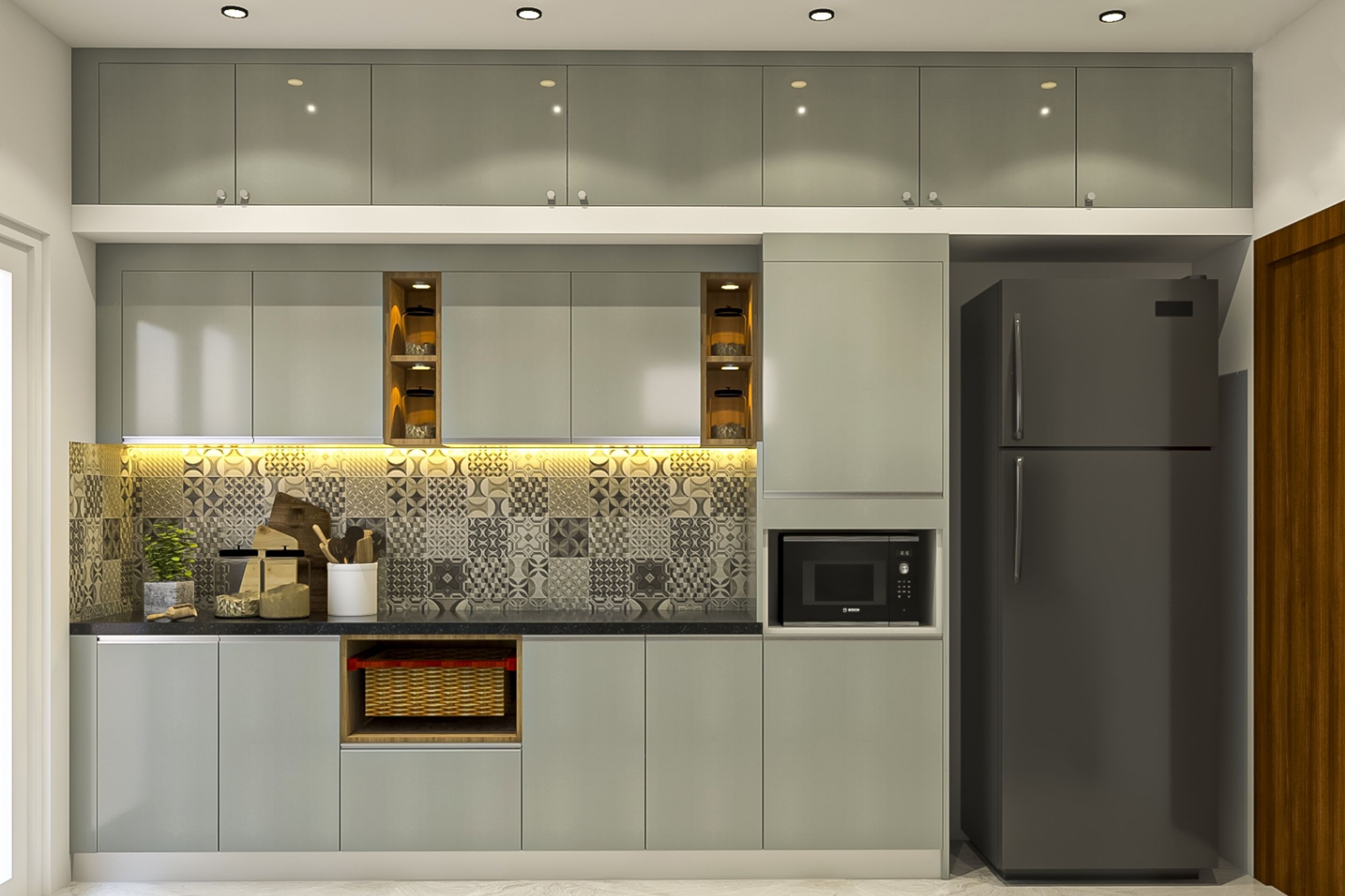 Light Grey Parallel Modular Kitchen Design With Moroccan Dado Tiles ...