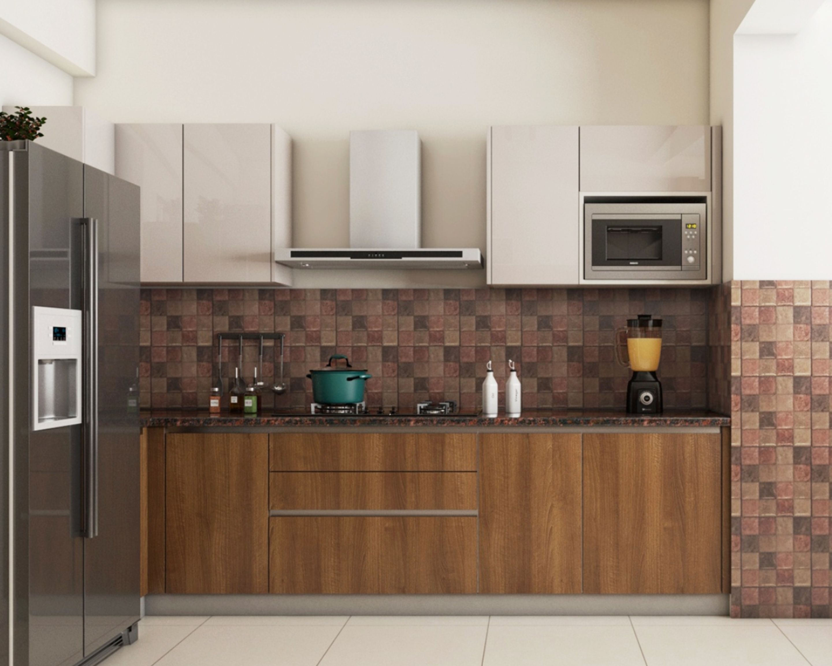 Modular Wood And Grey Parallel Kitchen Design With Square Earthy-Toned ...
