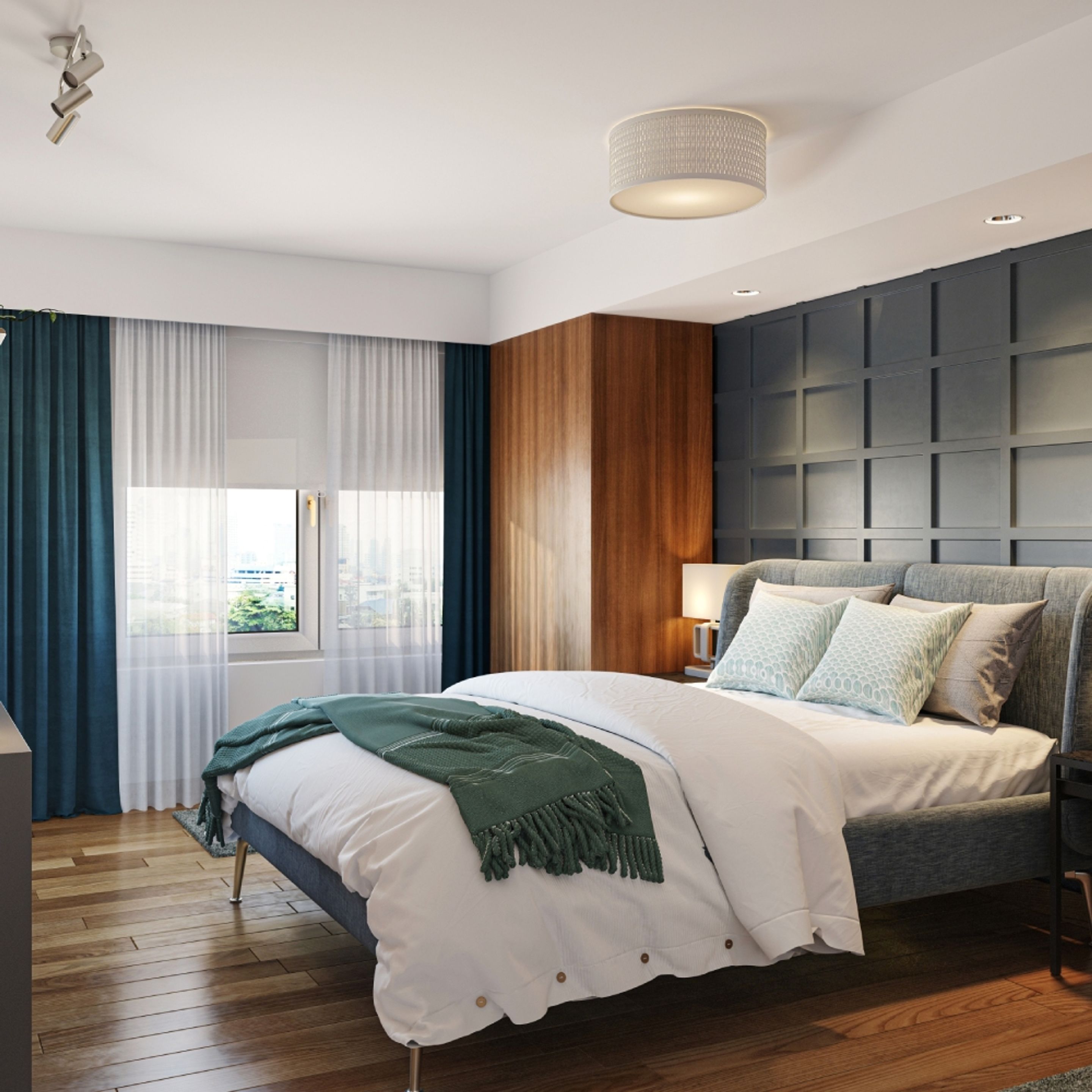 Grey Master Bedroom Design With Coffered Square-Panelled Accent Wall ...