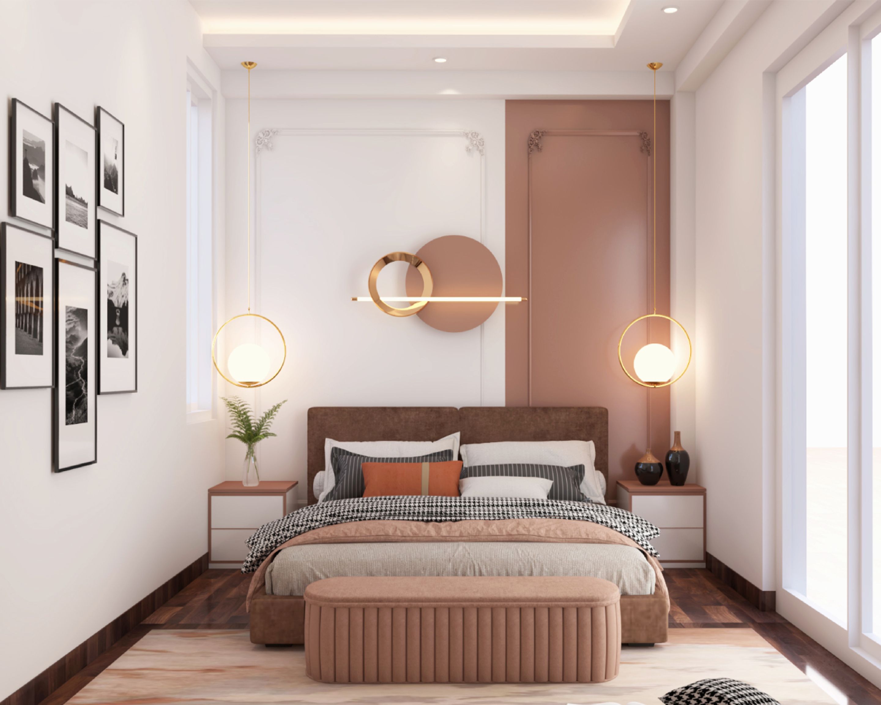 Dual-Toned Peach And White Master Bedroom Design With Side Tables ...