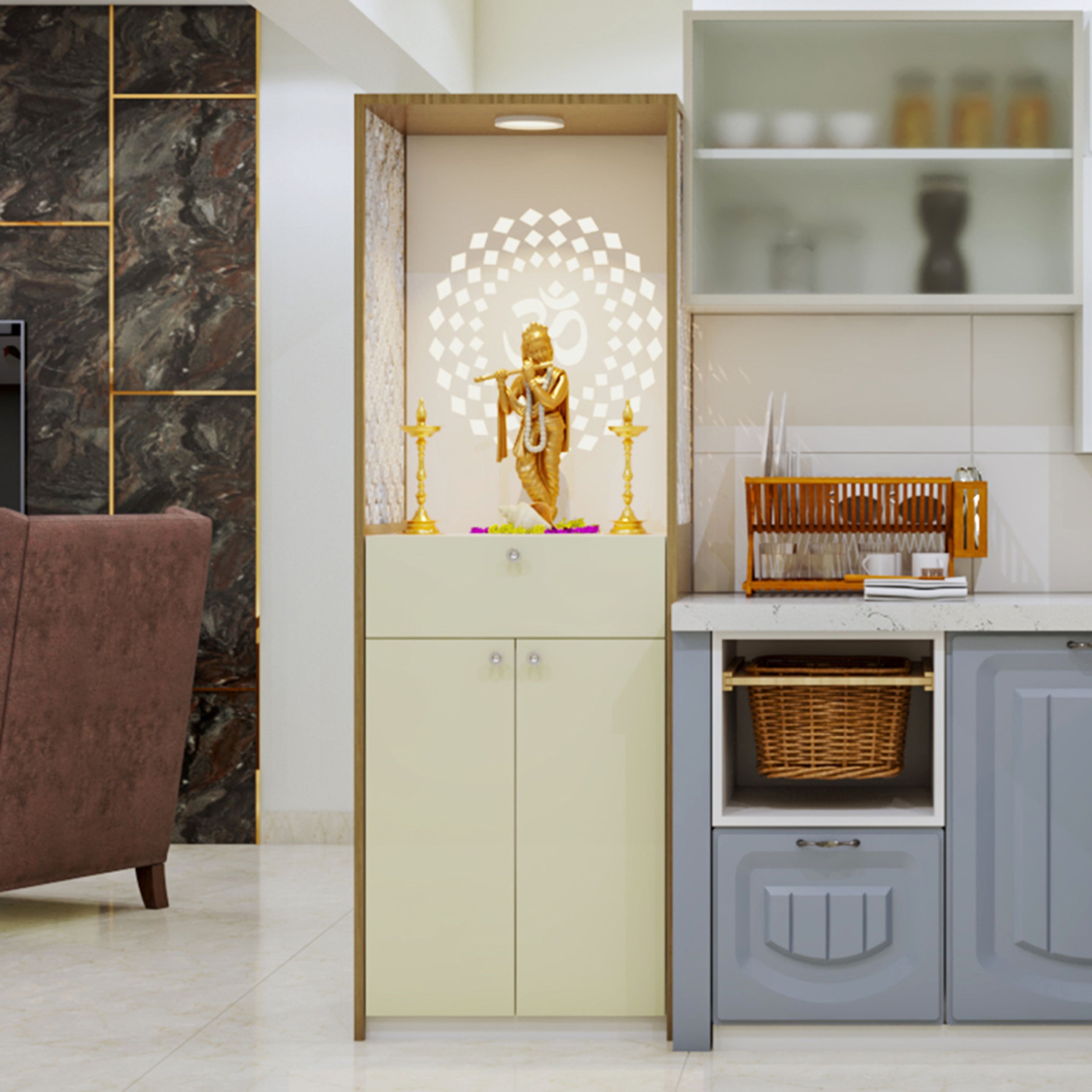 Champagne-Toned Mandir Design With Om Mandla And Shutter Storage | Livspace