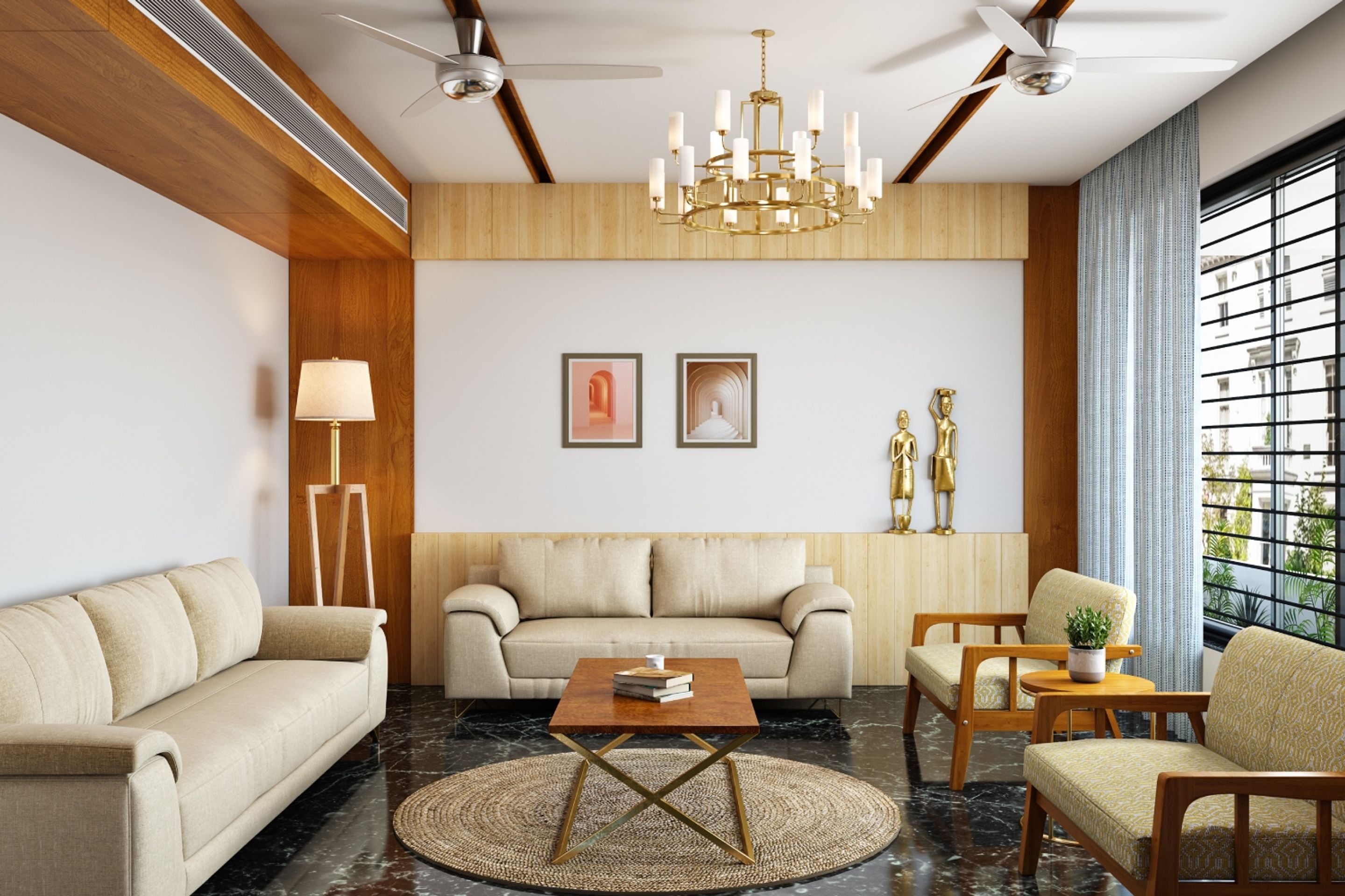 Traditional White And Wood Living Room Wall Design | Livspace