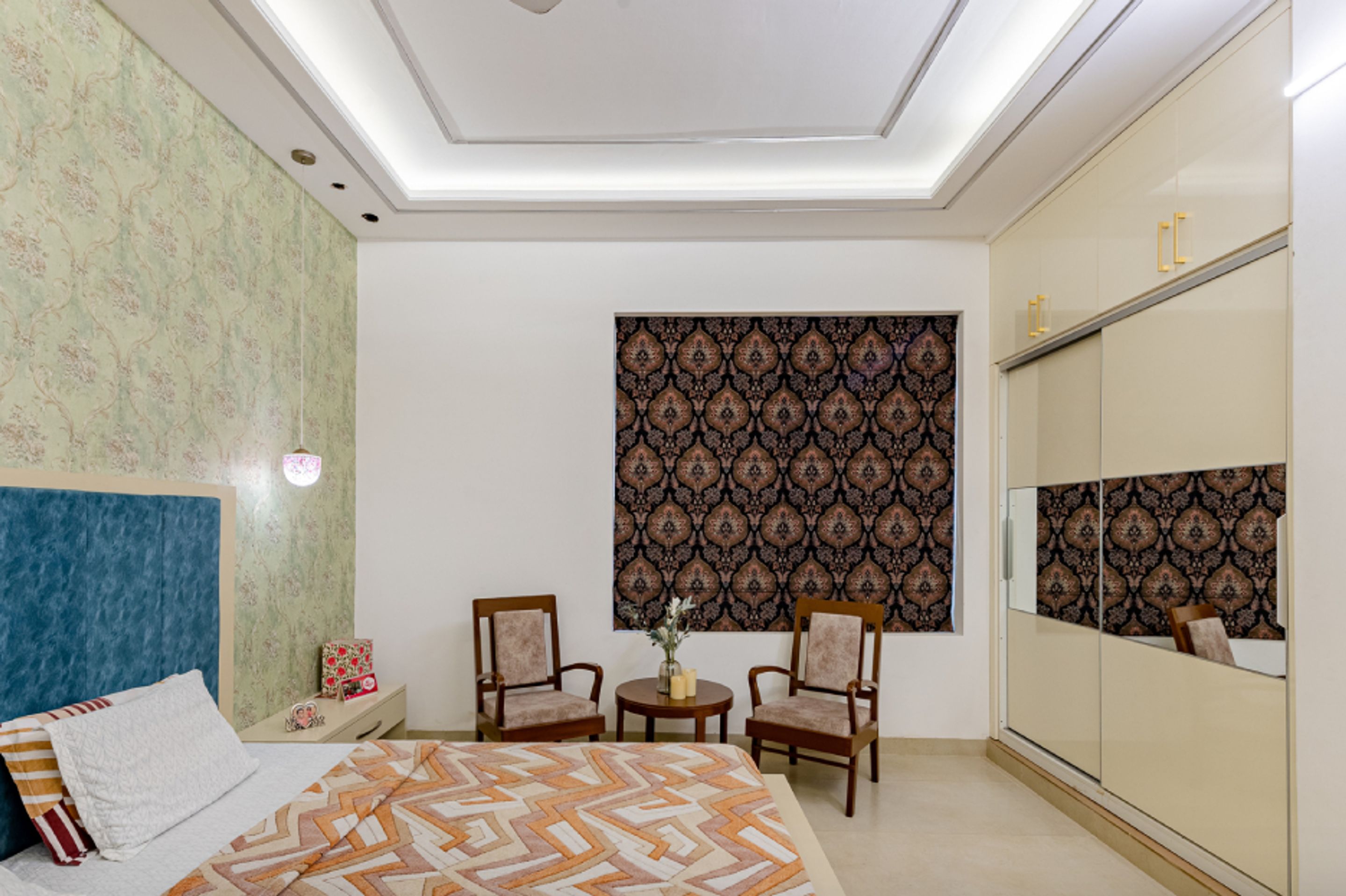 White Themed False Ceiling With Wallpaper | Livspace