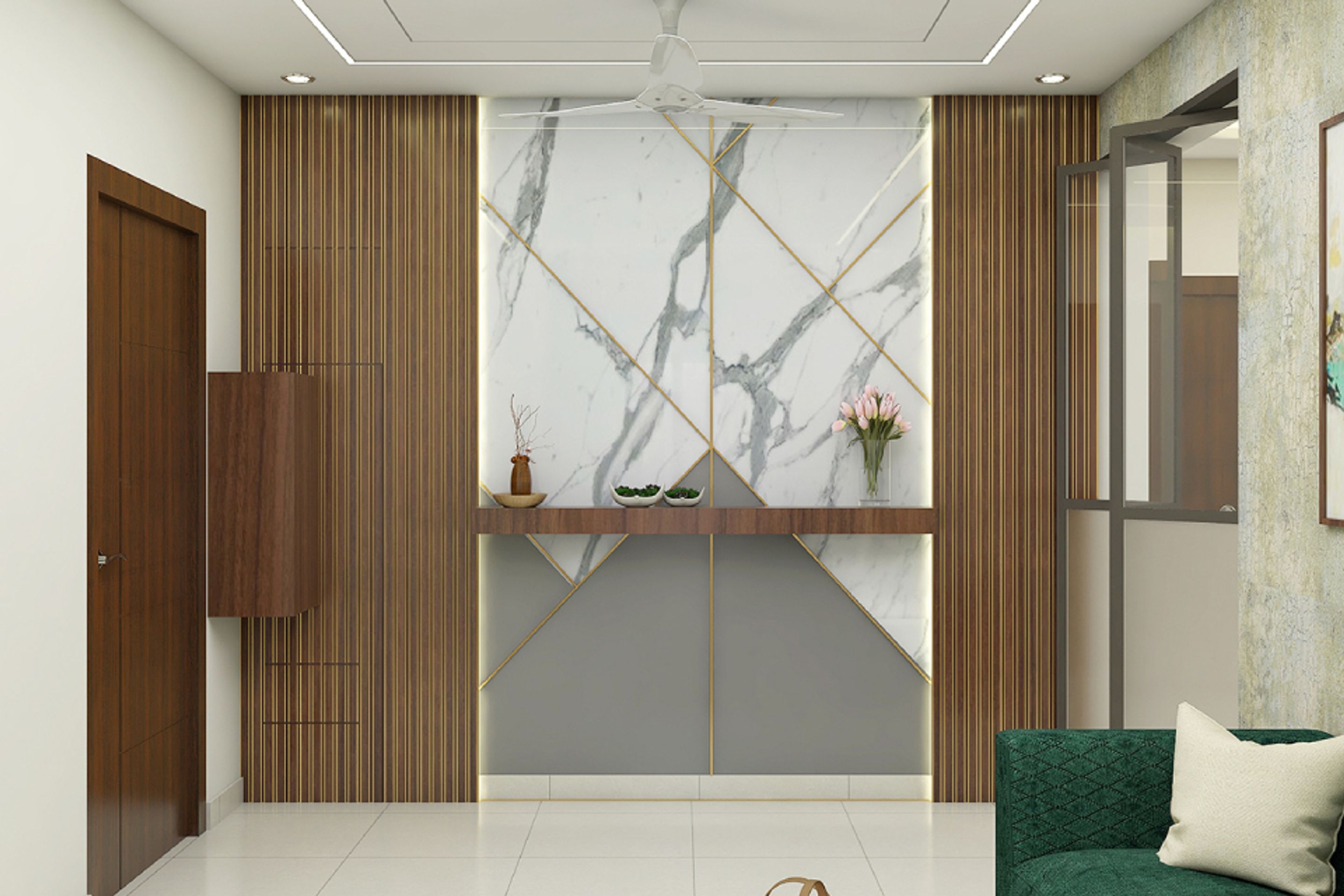 Spacious Foyer Design With Sleek Wall-Mounted Ledge For Storage | Livspace