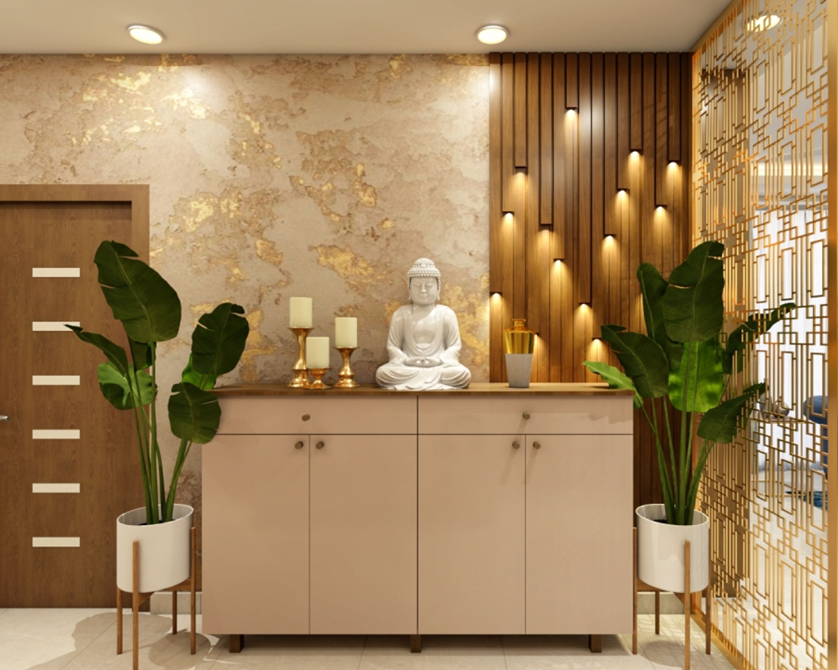 Spacious Foyer Design With Matte Beige Storage Unit | Livspace