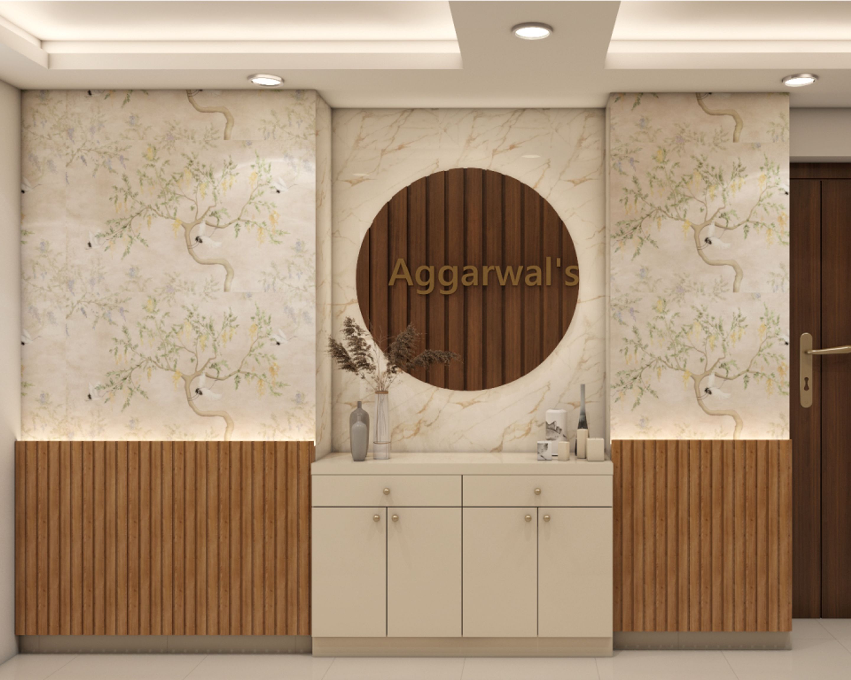 Spacious Foyer Design With Beige Marble Wall Panelling | Livspace