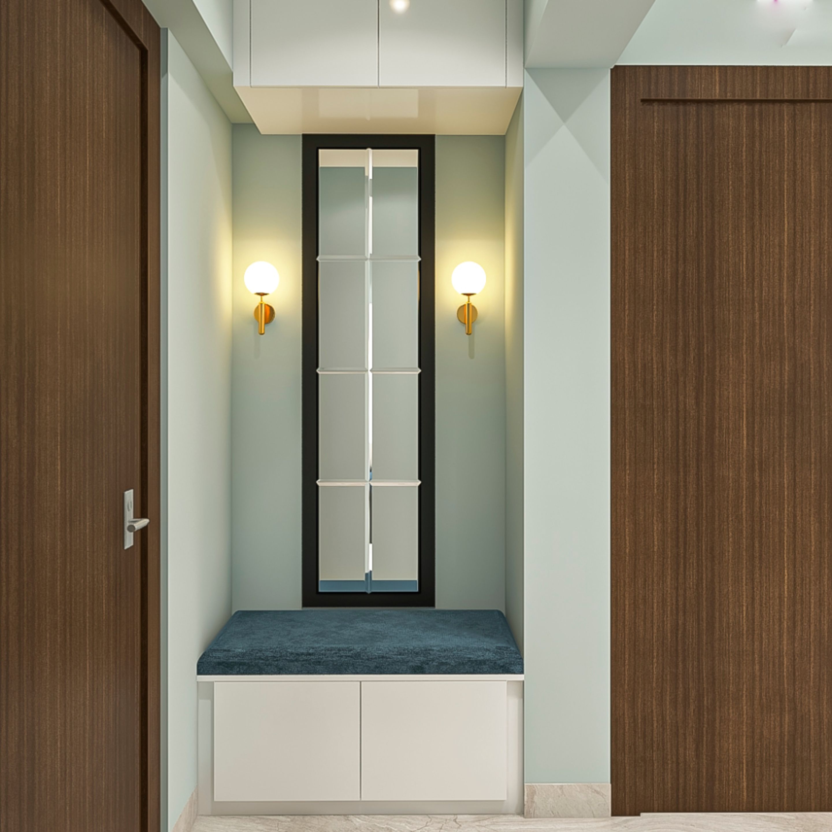 Compact Foyer Area Design With Rectangular Mirror And Wall Sconces ...