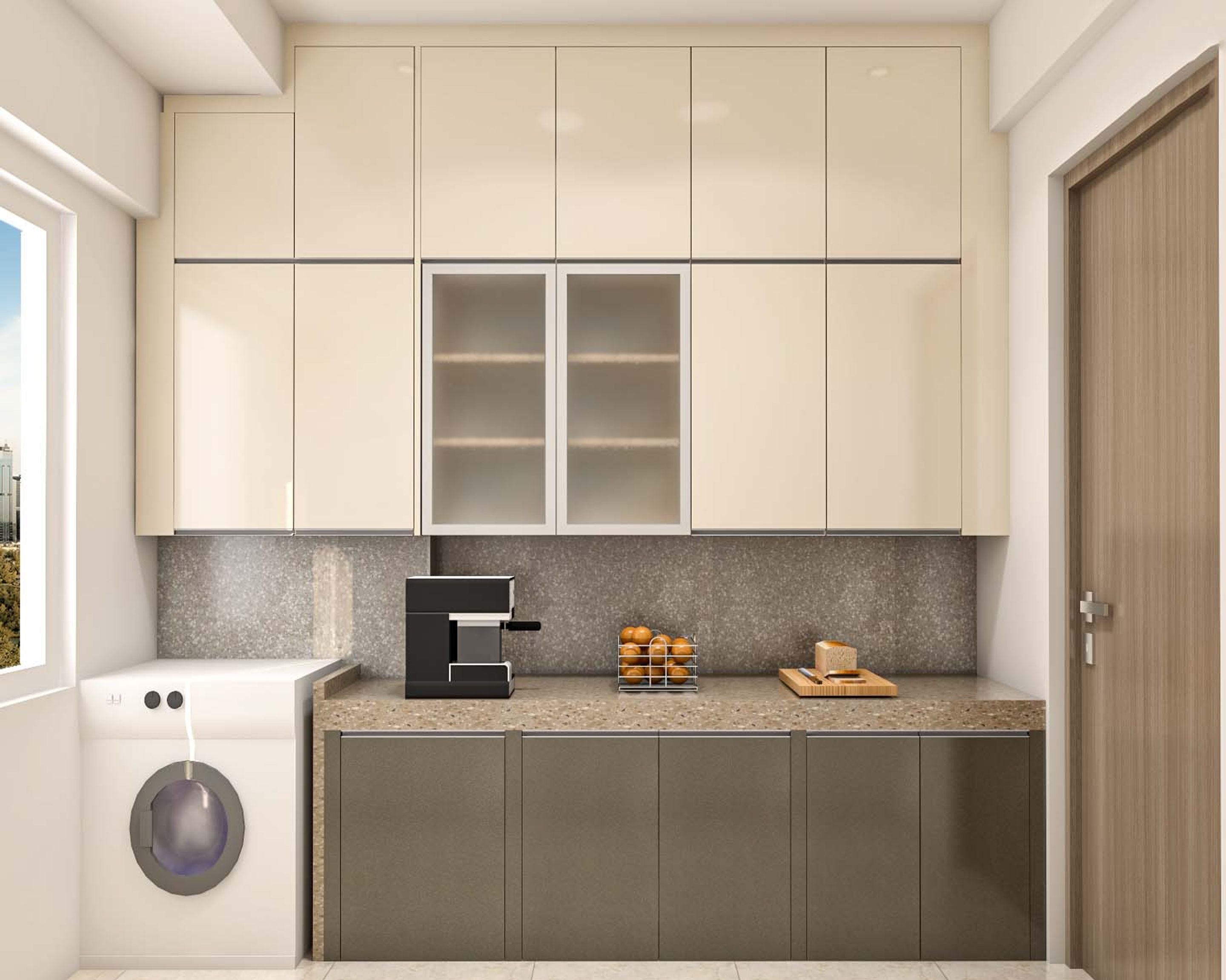 Beige And Cream Parallel Kitchen Design With Handleless Cabinets | Livspace