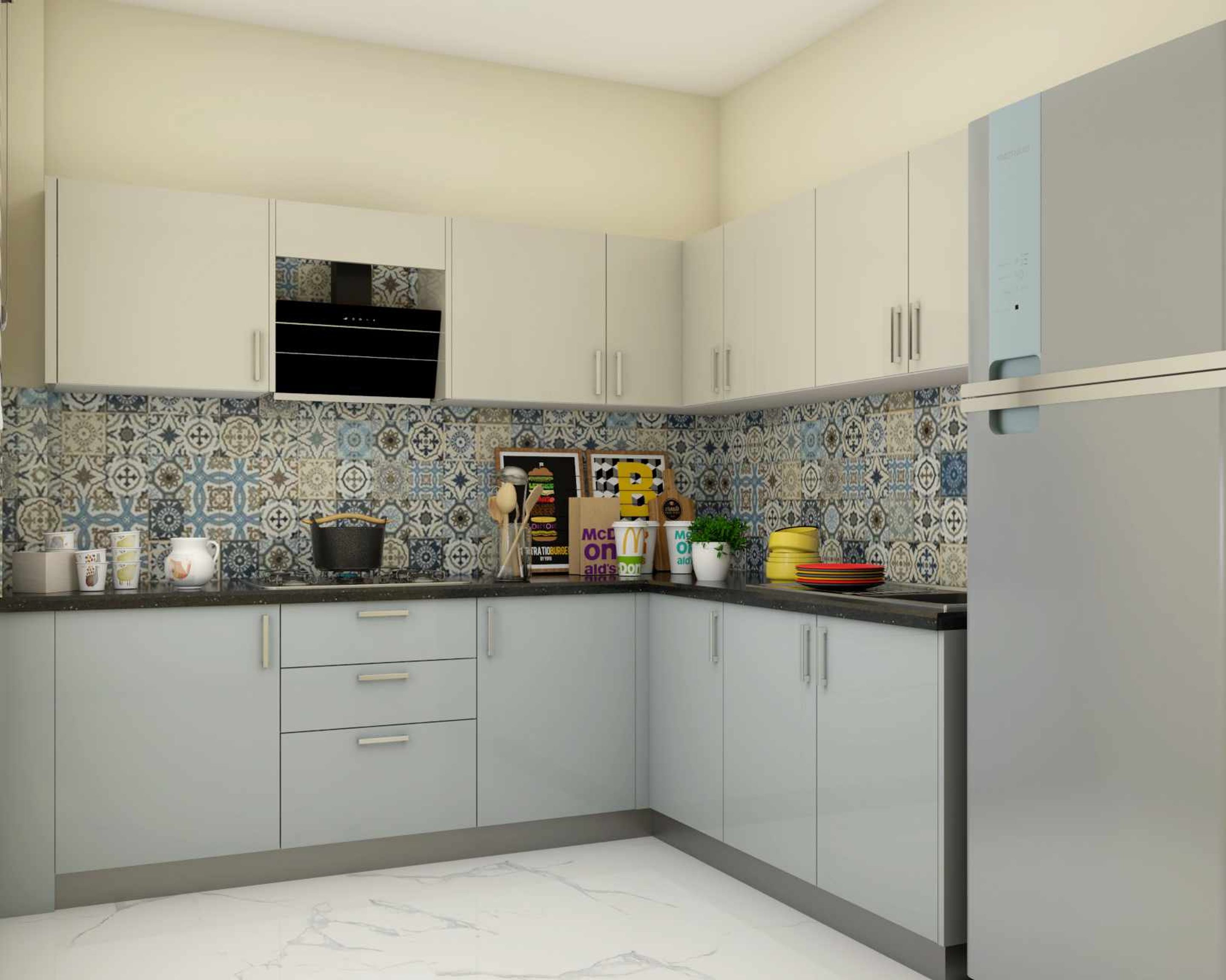 Blue Modular L-Shaped Kitchen Design | Livspace