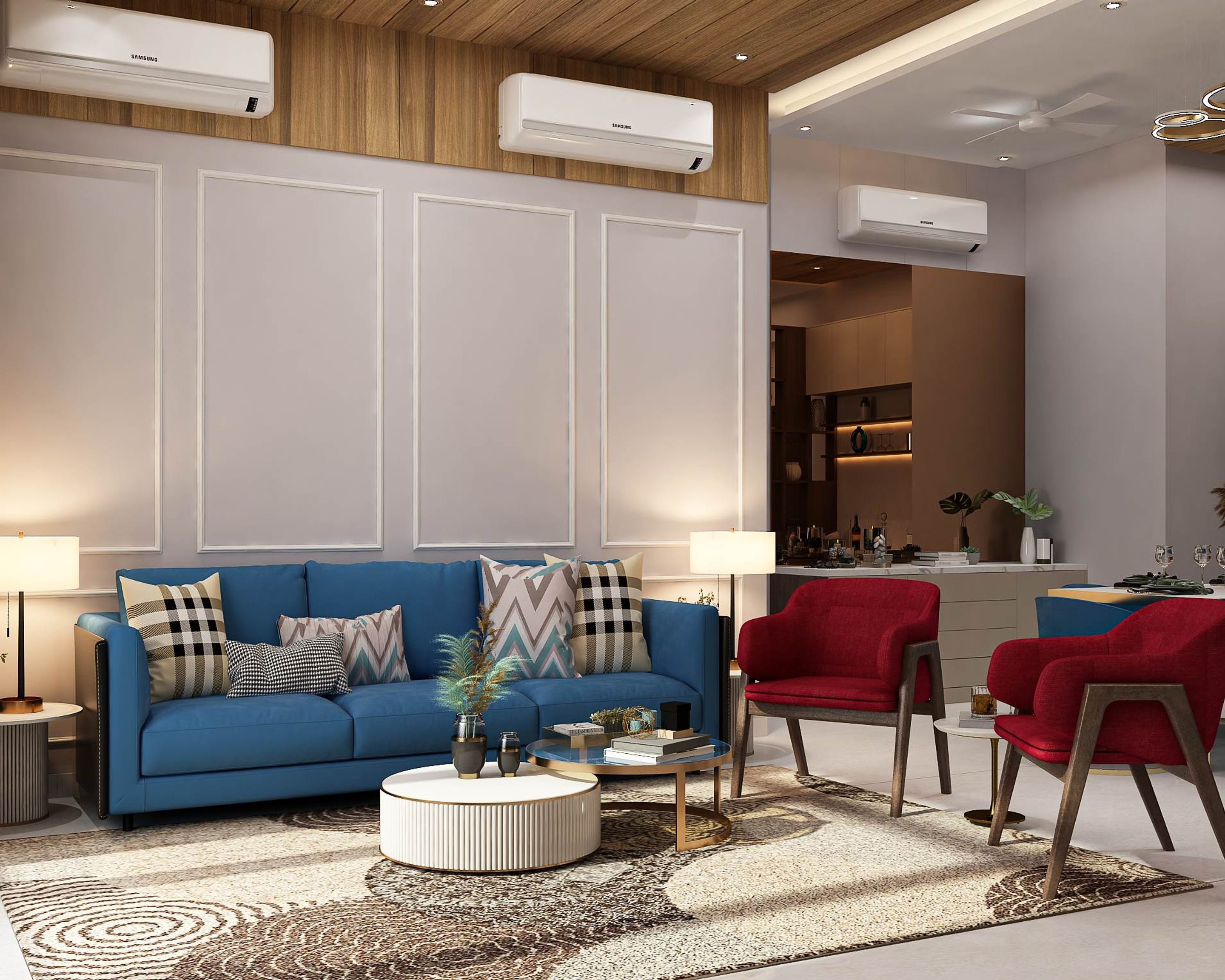 Living Room Design With 2 Single-Seater Red Sofas| Livspace