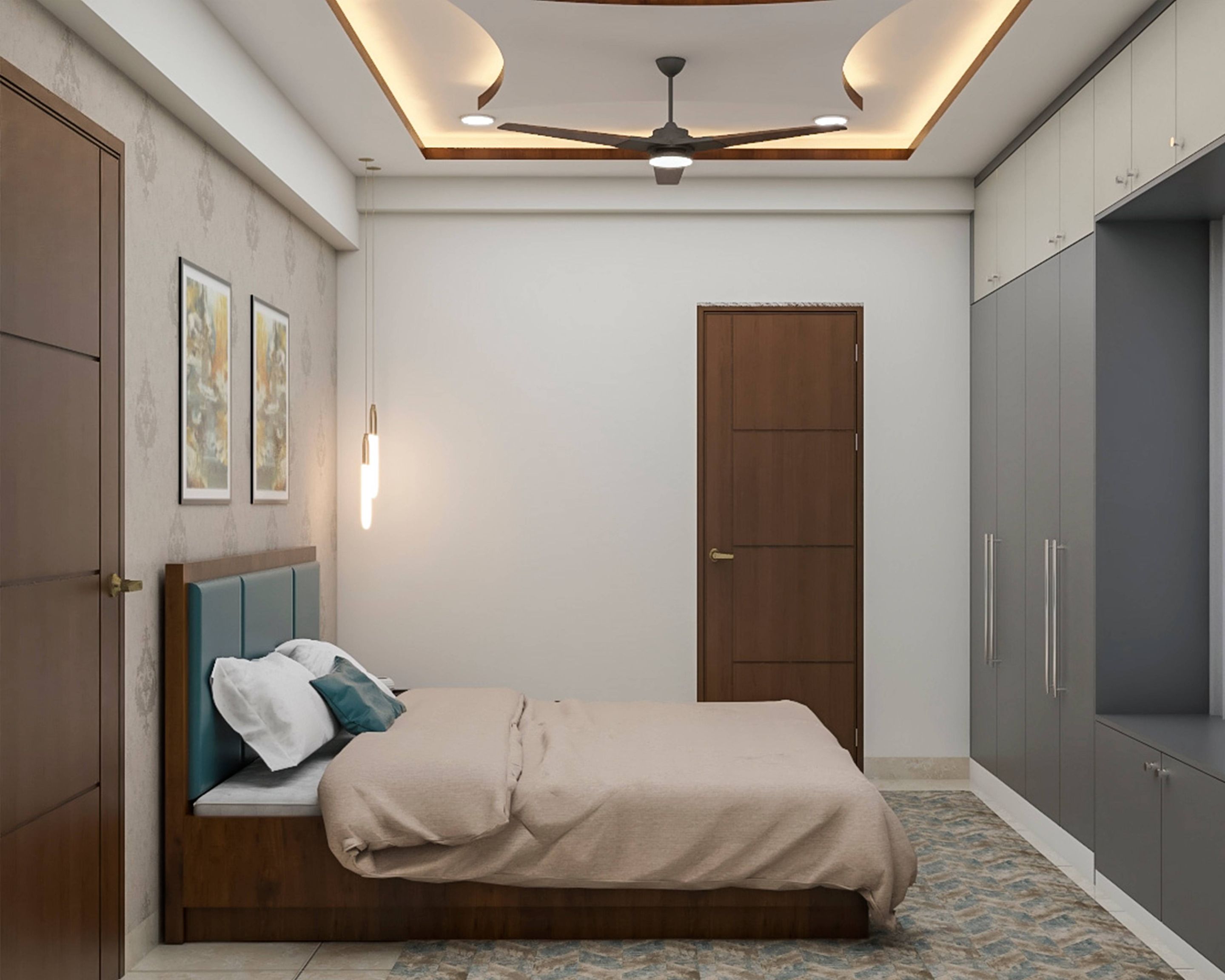 Master Bedroom With Beige Damask Wallpaper And Pendant Lights | Livspace
