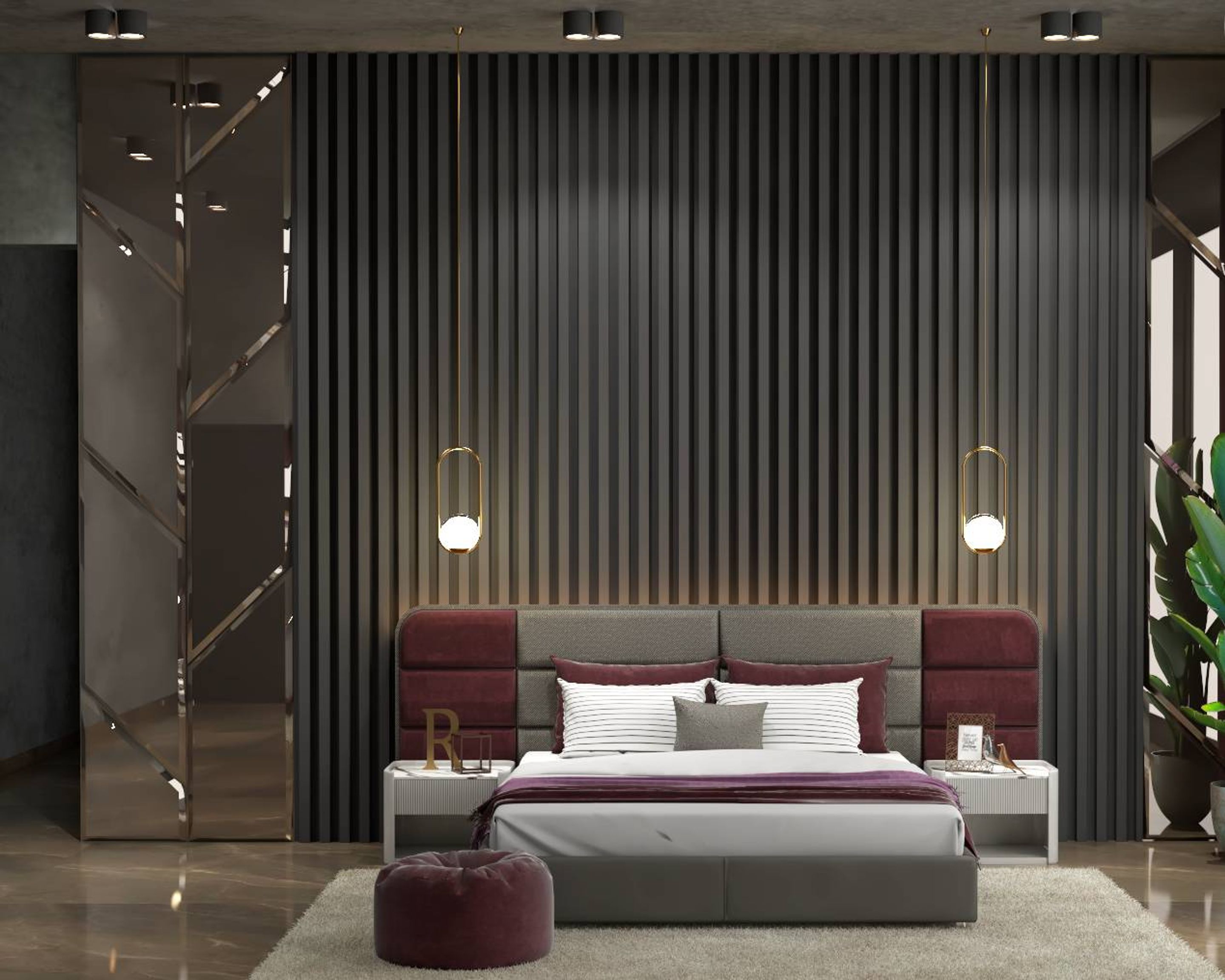 Spacious Bedroom Design With Grey And Black Rafters For The Headboard ...