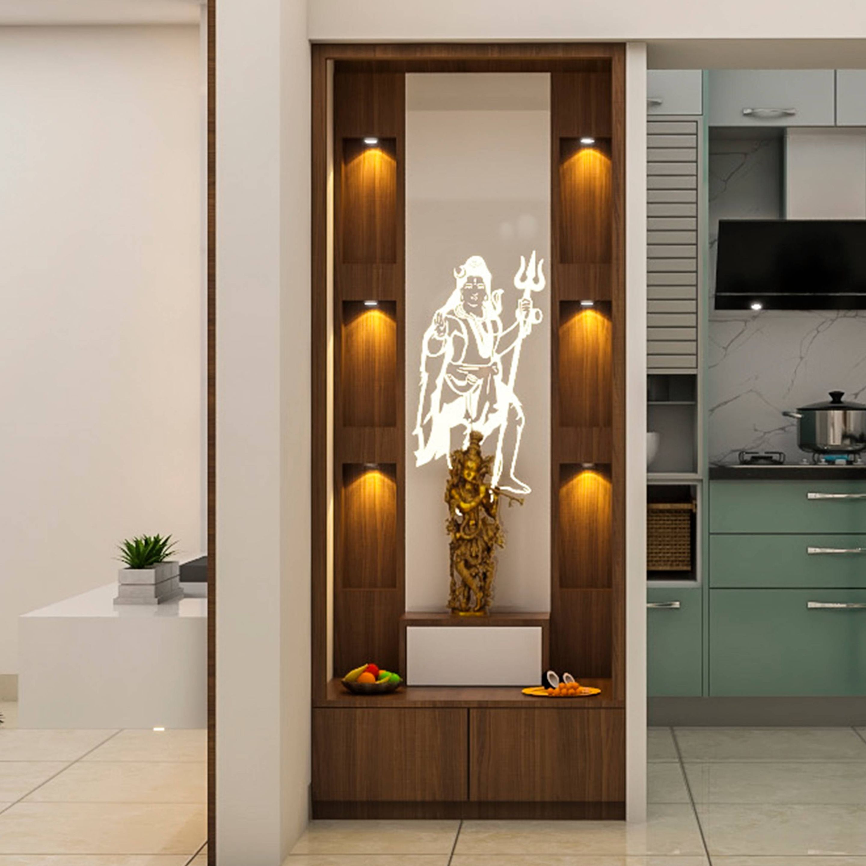 Compact Pooja Unit Design With Spot Lights | Livspace