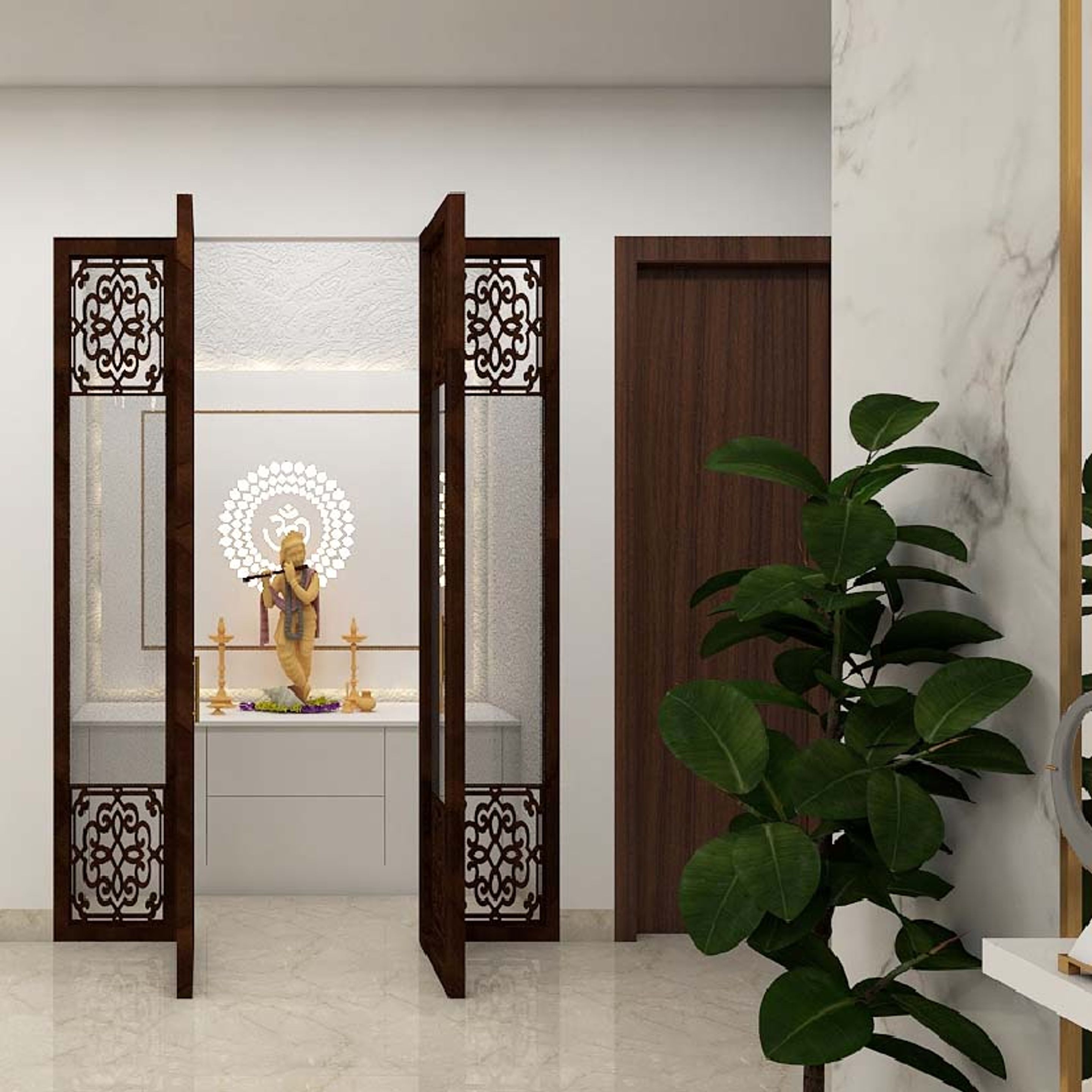 Mandir Design With Carved Doors And Storage | Livspace