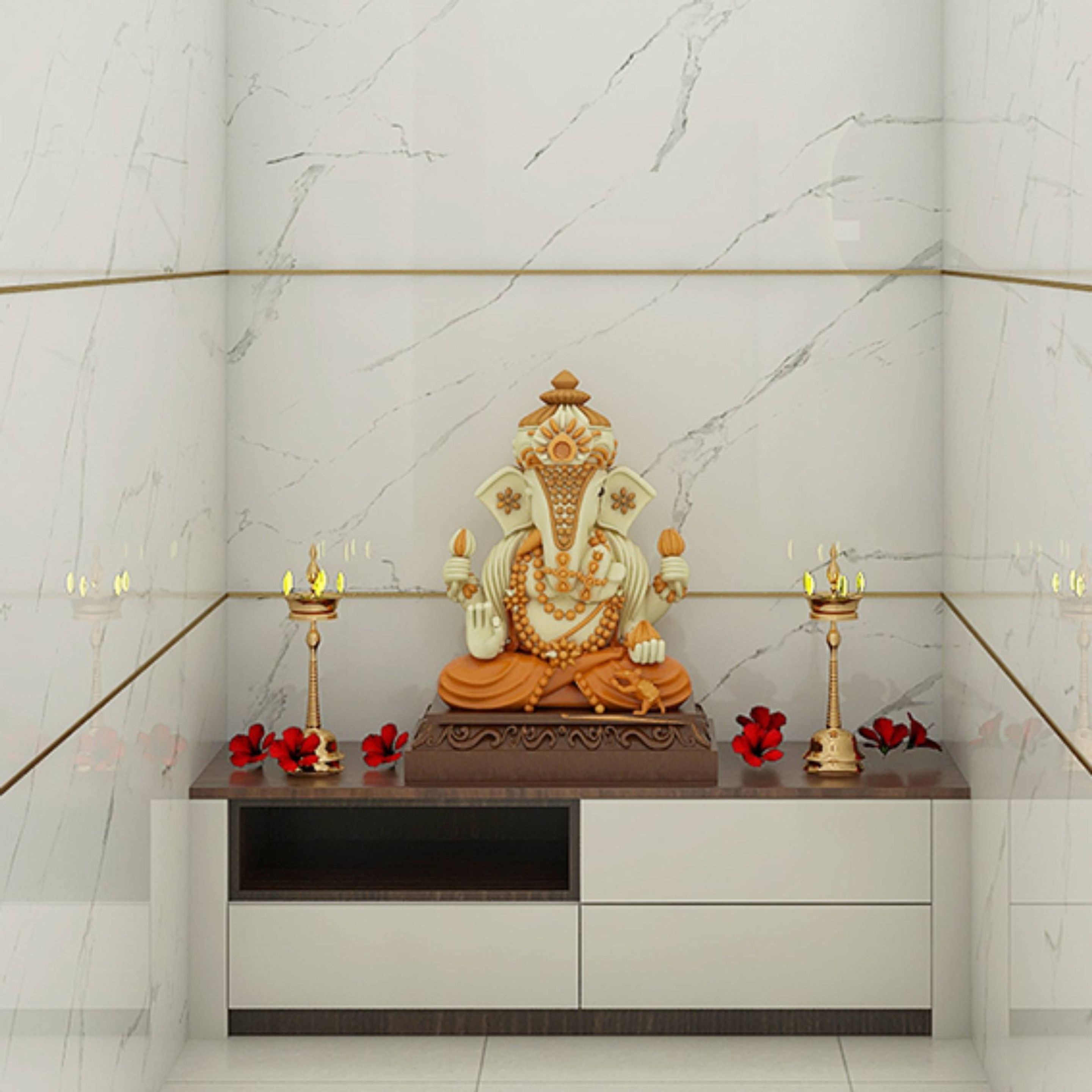 Spacious Mandir Design With Floor-Mounted Storage | Livspace