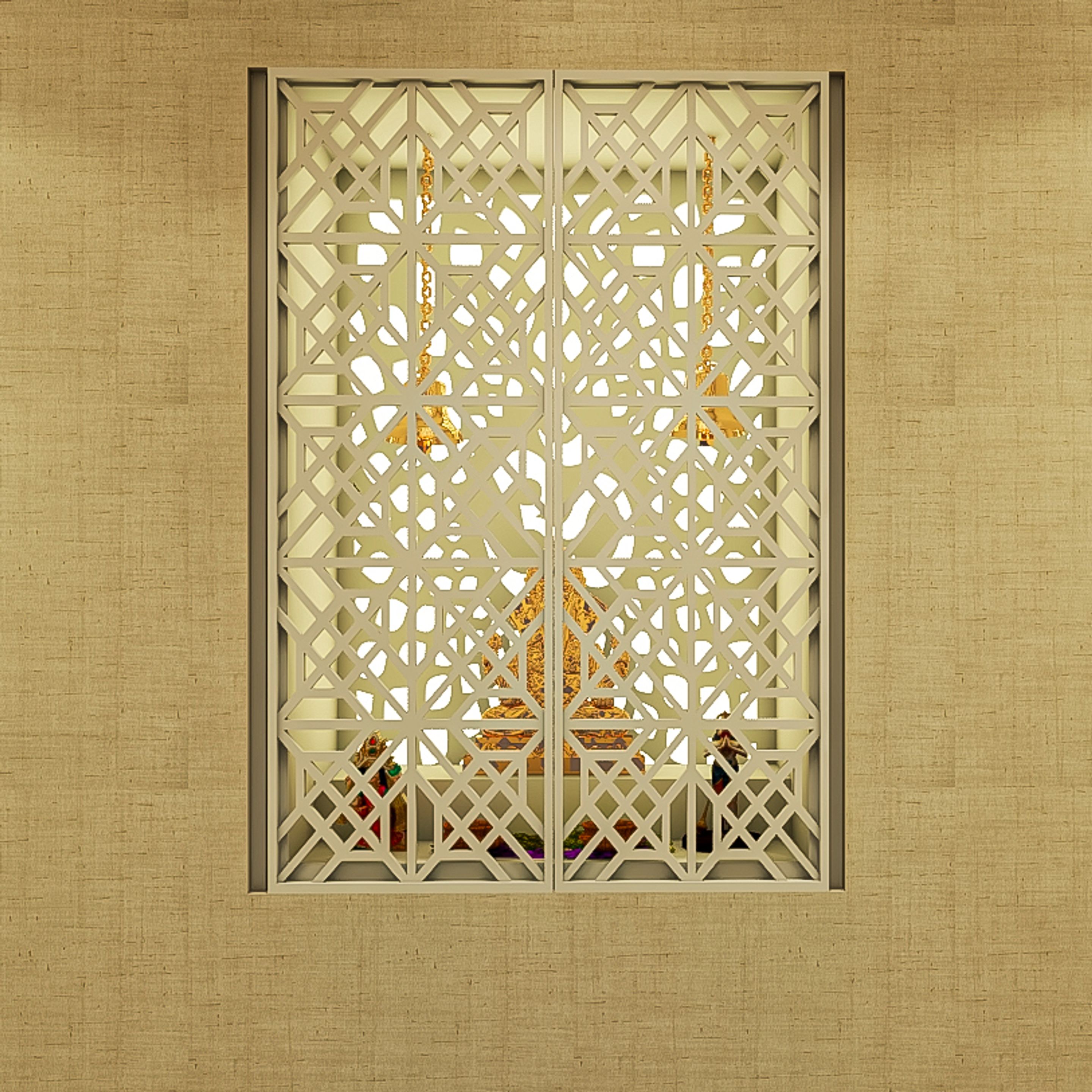 Contemporary Pooja Unit Design With White Jali Backdrop | Livspace