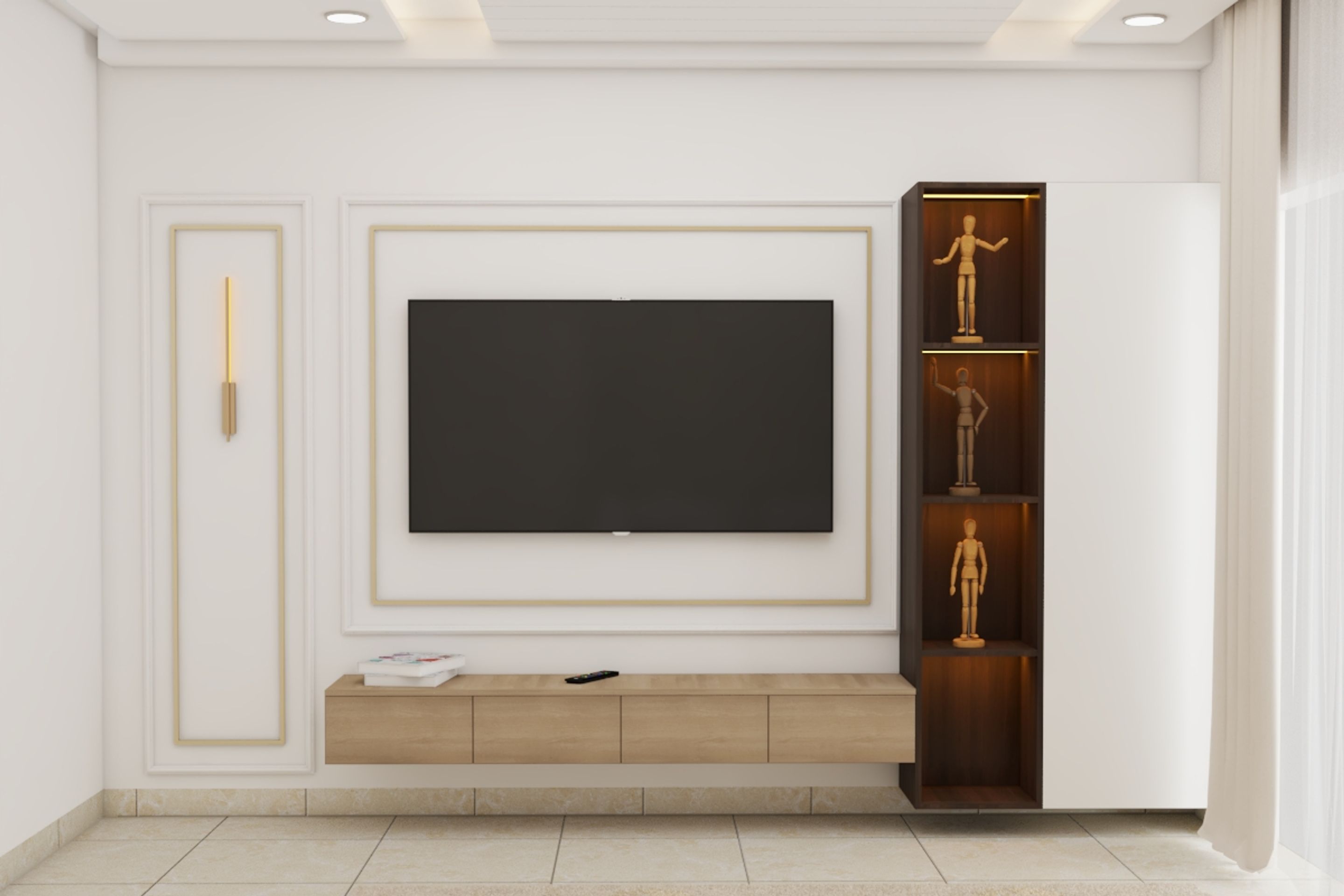 Spacious TV Unit Design With Dark Wooden Shelf | Livspace