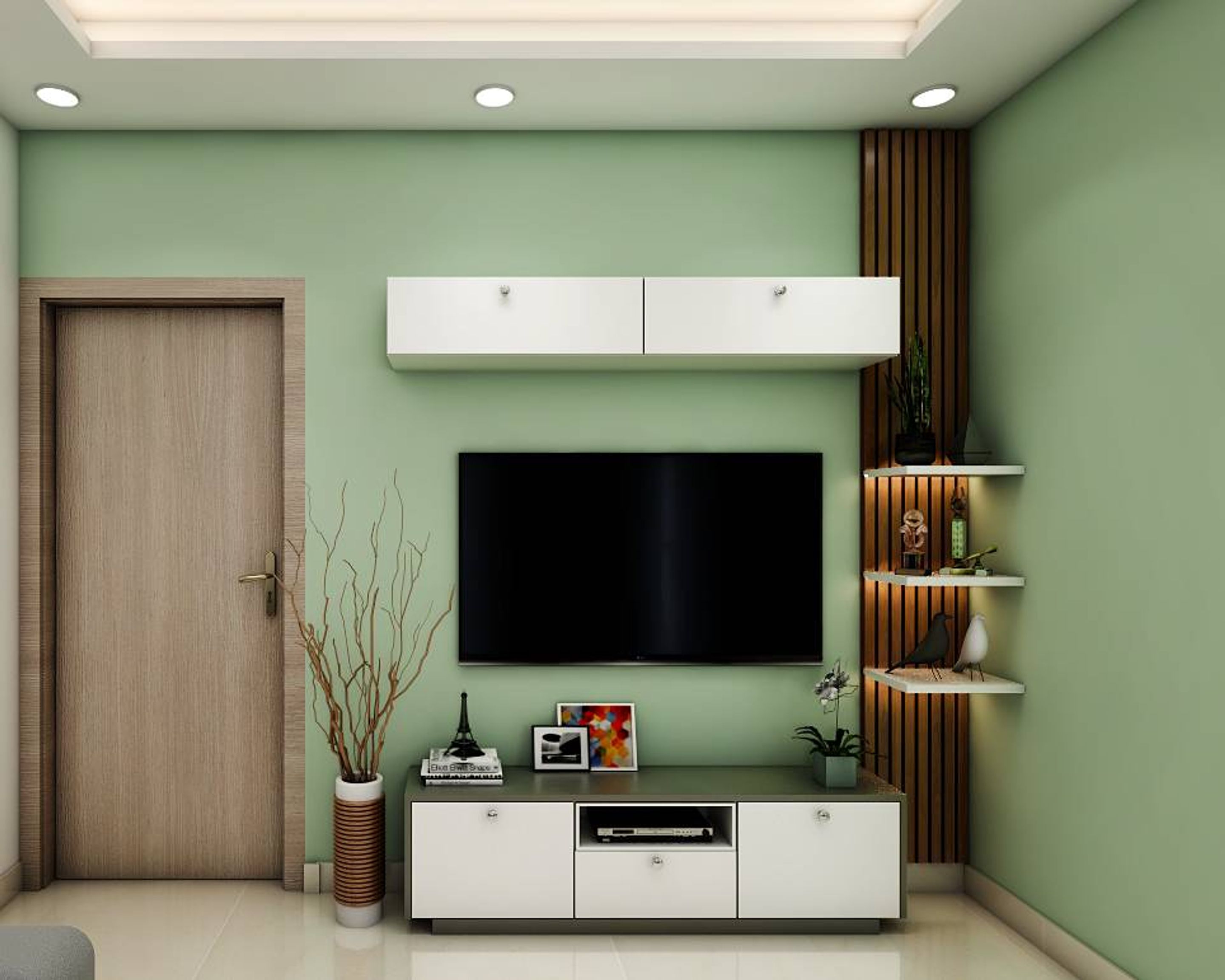 Compact TV Unit Design With Overhead Storage | Livspace