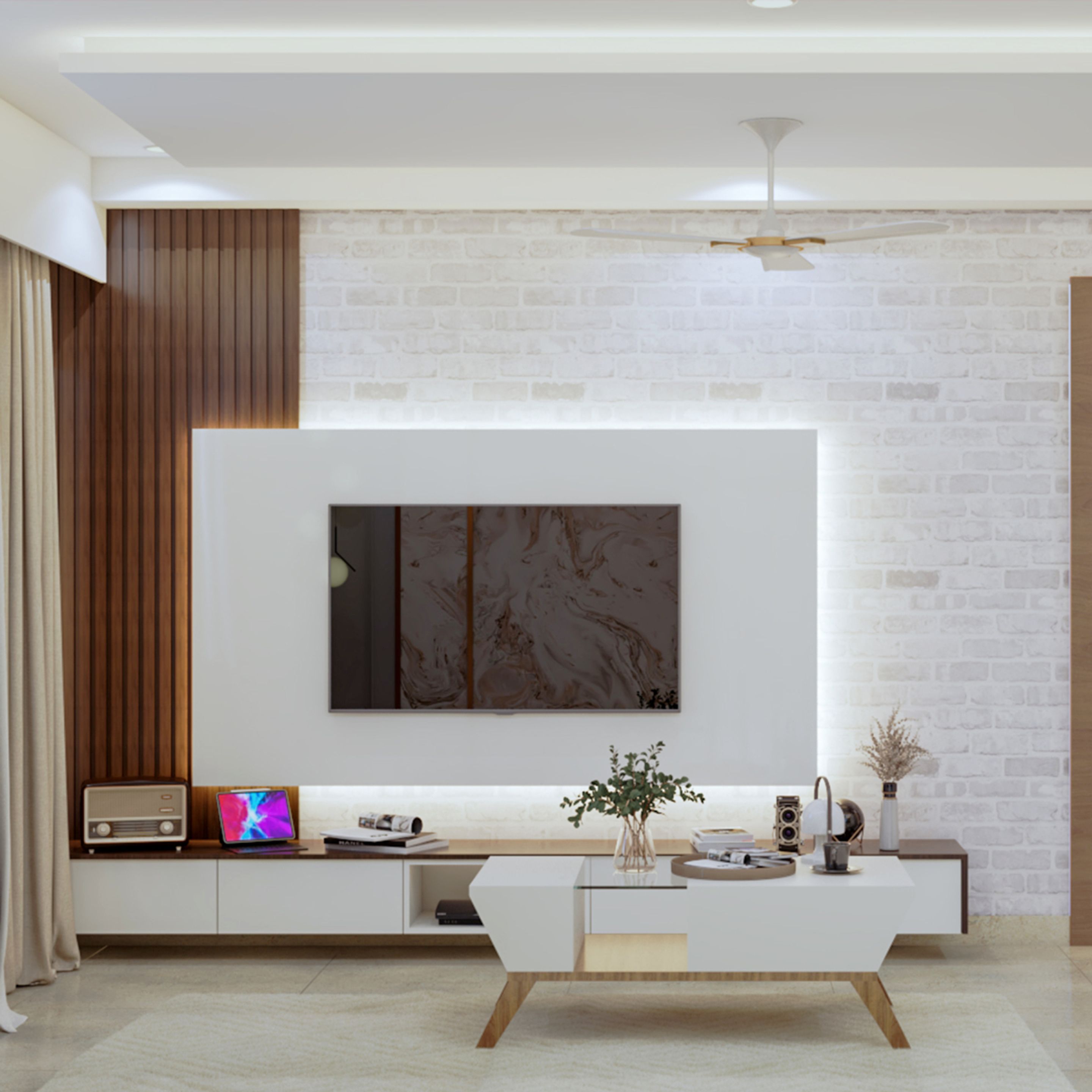 Compact TV Unit Design With Brick Wallpaper | Livspace