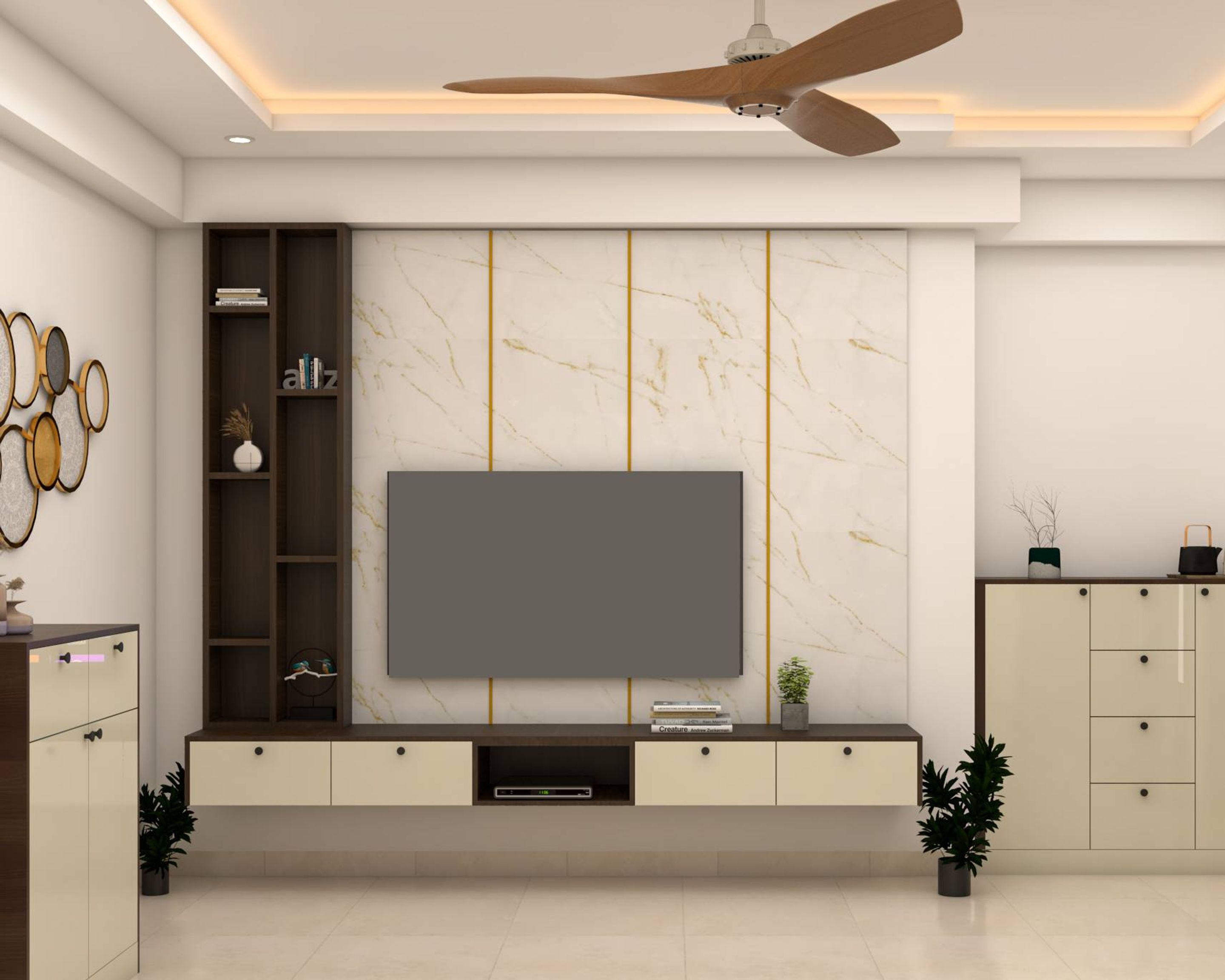 Spacious TV Unit Dsign With Champagne Shutters | Livspace