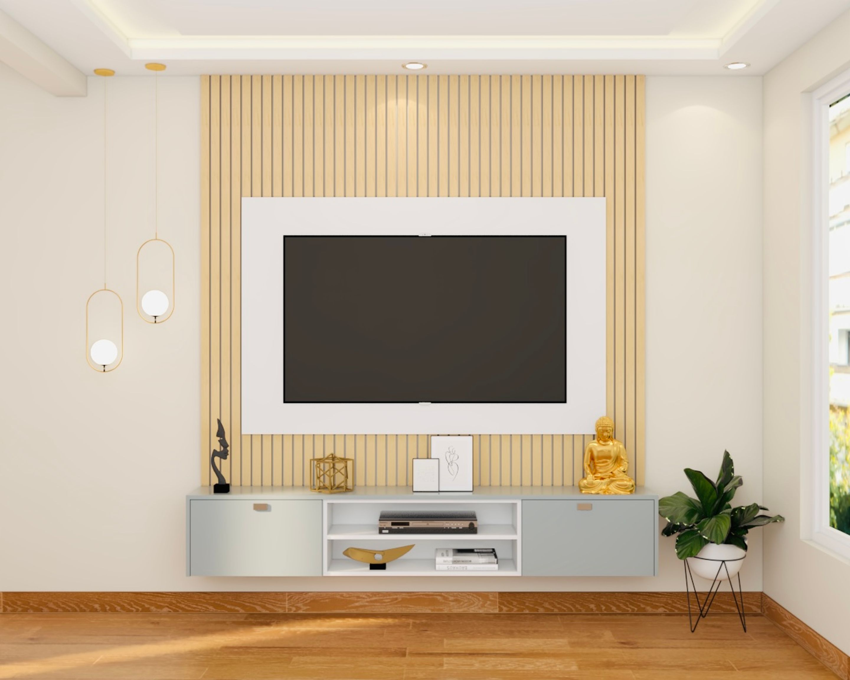 Modern Beige And Blue TV Unit Design| Livspace