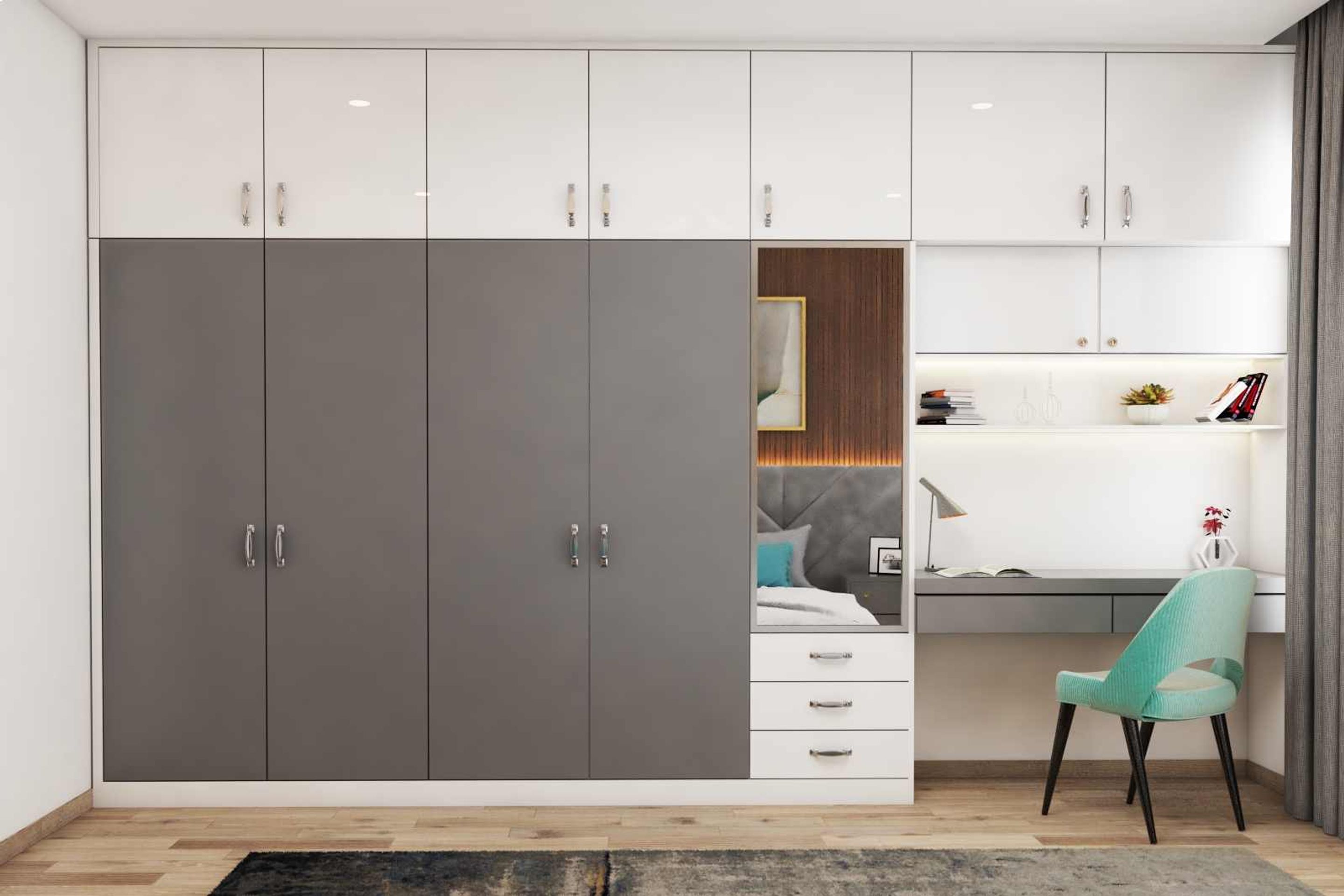 Spacious Wardrobe Design With Mirror In Grey And White | Livspace