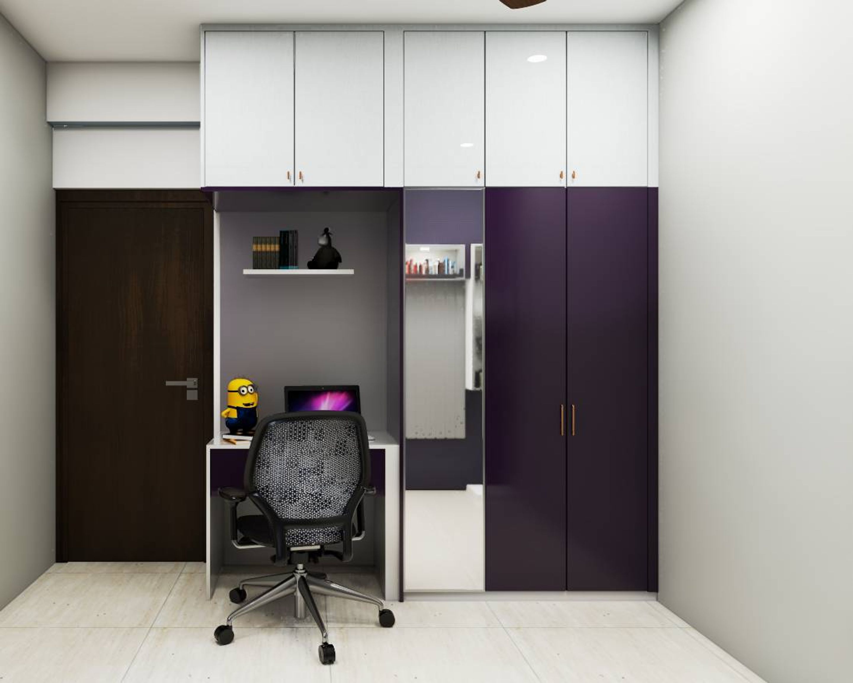 Compact Wardrobe Design With Mirror In Purple And White | Livspace