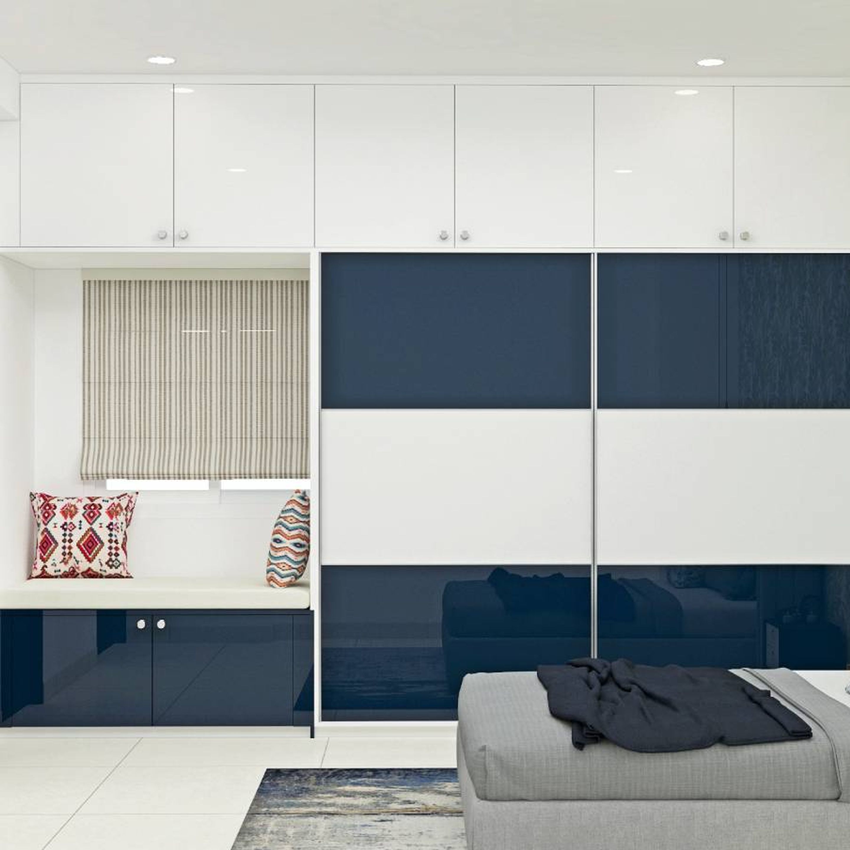 2-Door Glossy Sliding Wardrobe Design In Blue And White With Window ...