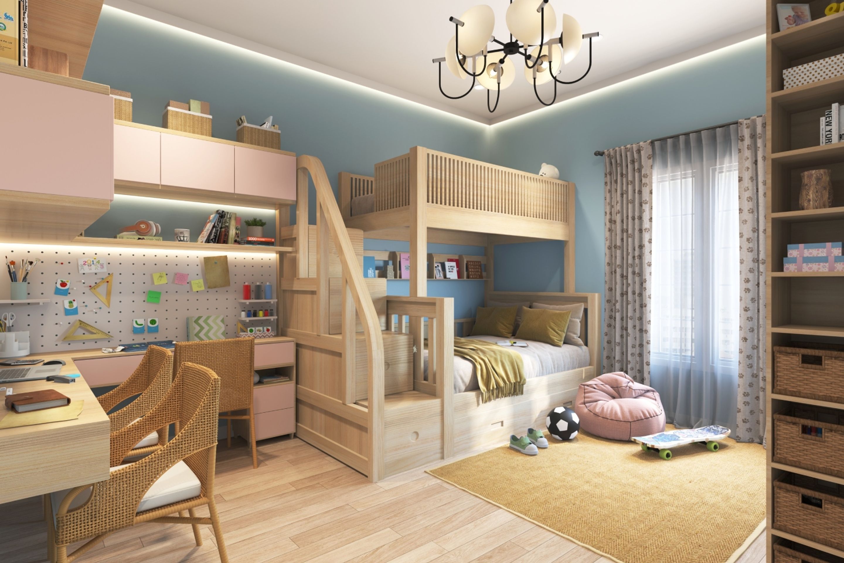 Kids Room Design With Wooden Furniture And Blue Accent Wall - 18x16 Ft ...