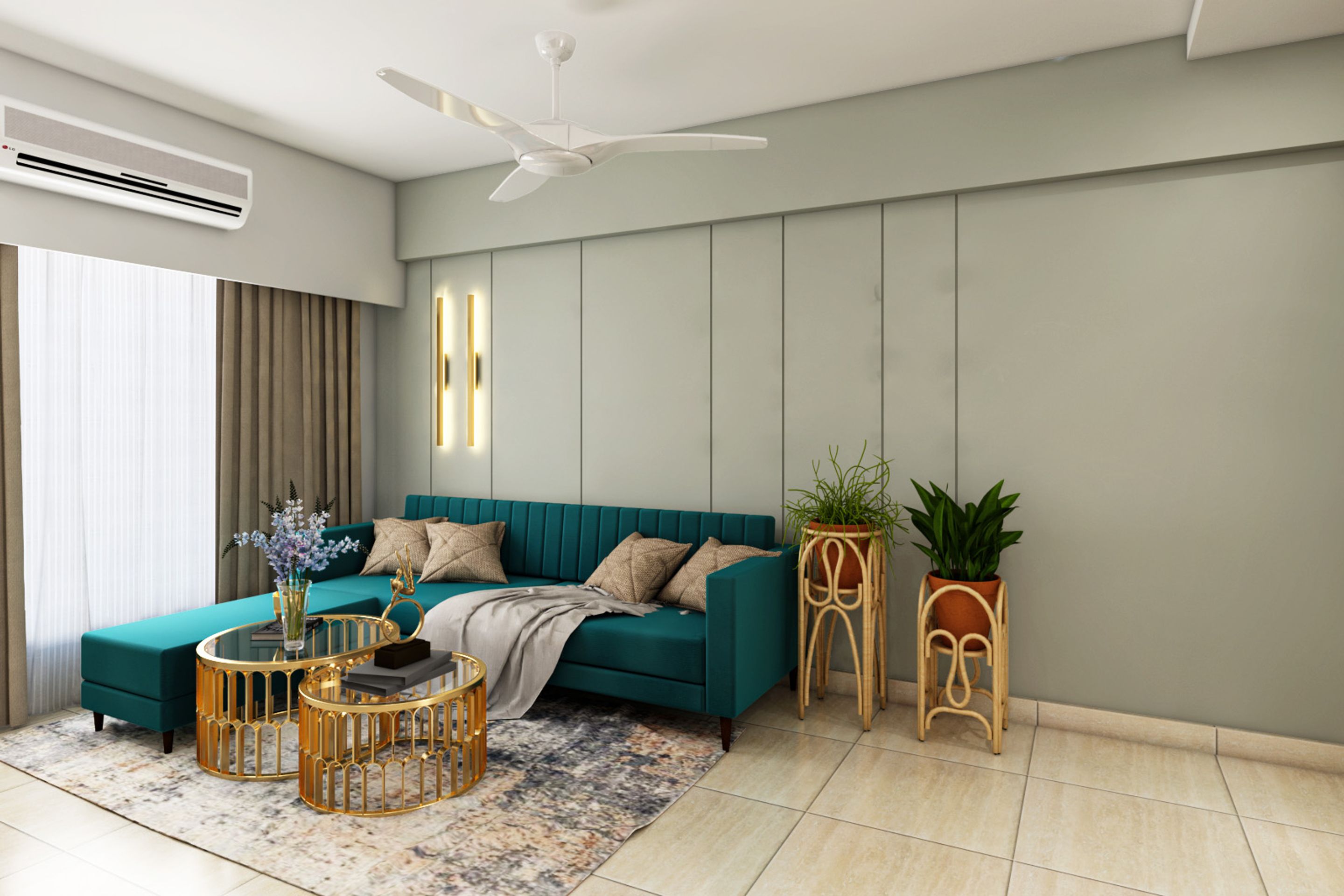 Living Room Design With Turquoise Sectional Sofa | Livspace