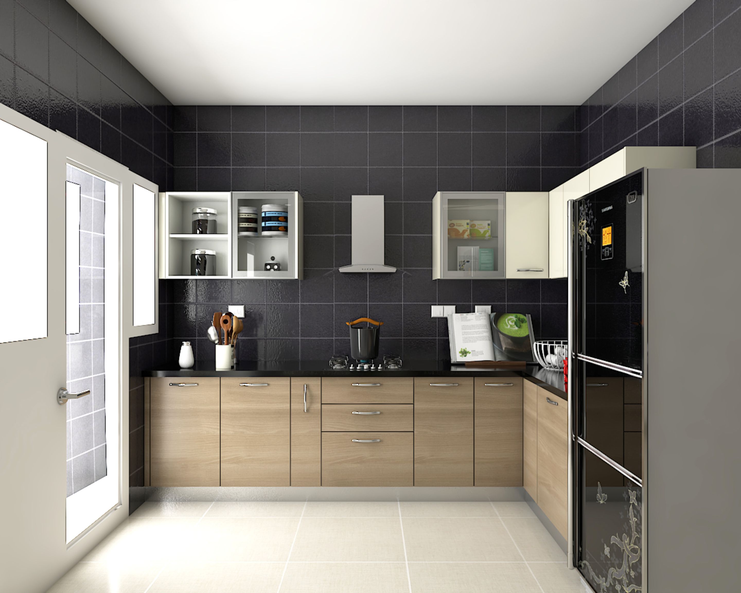 Ceramic Black Checkerboard Kitchen Tile Design | Livspace