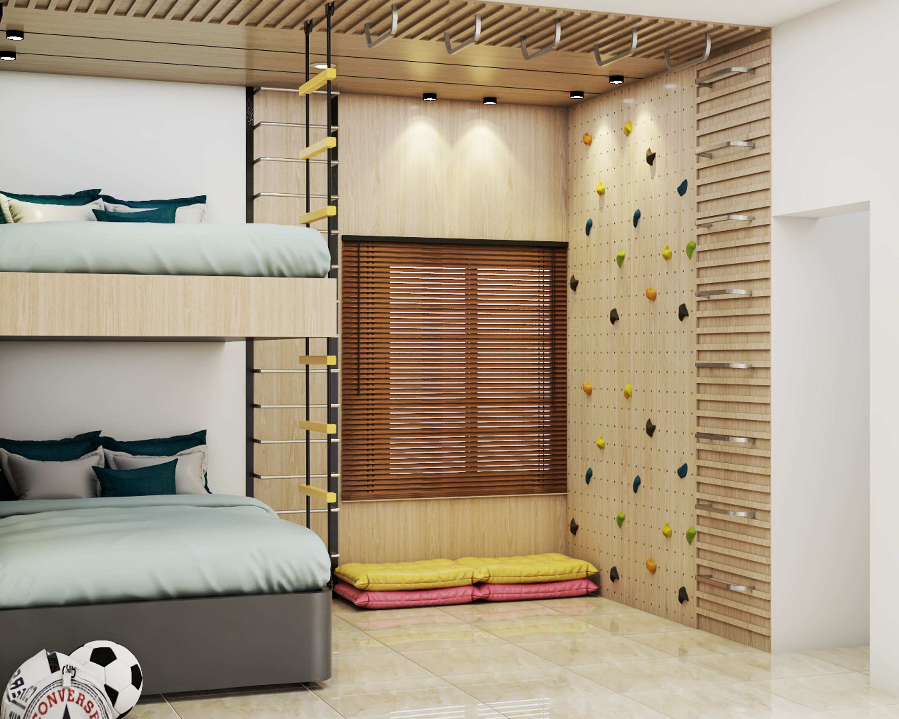 Wall Climbing Wall Design With Wooden Panelling And Colourful Handholds ...