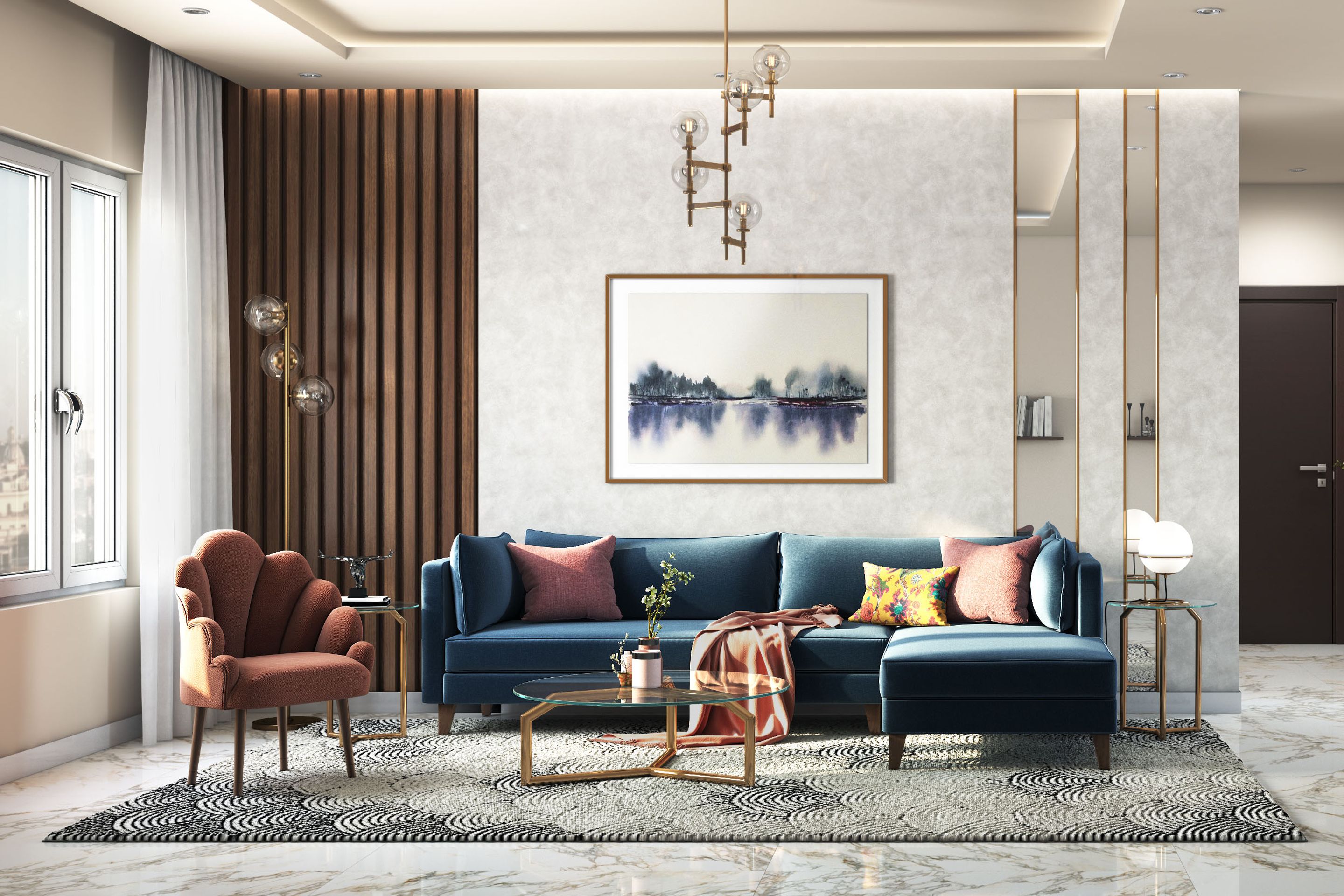 Wooden Rafters And Wallpaper Wall Design For Living Rooms | Livspace