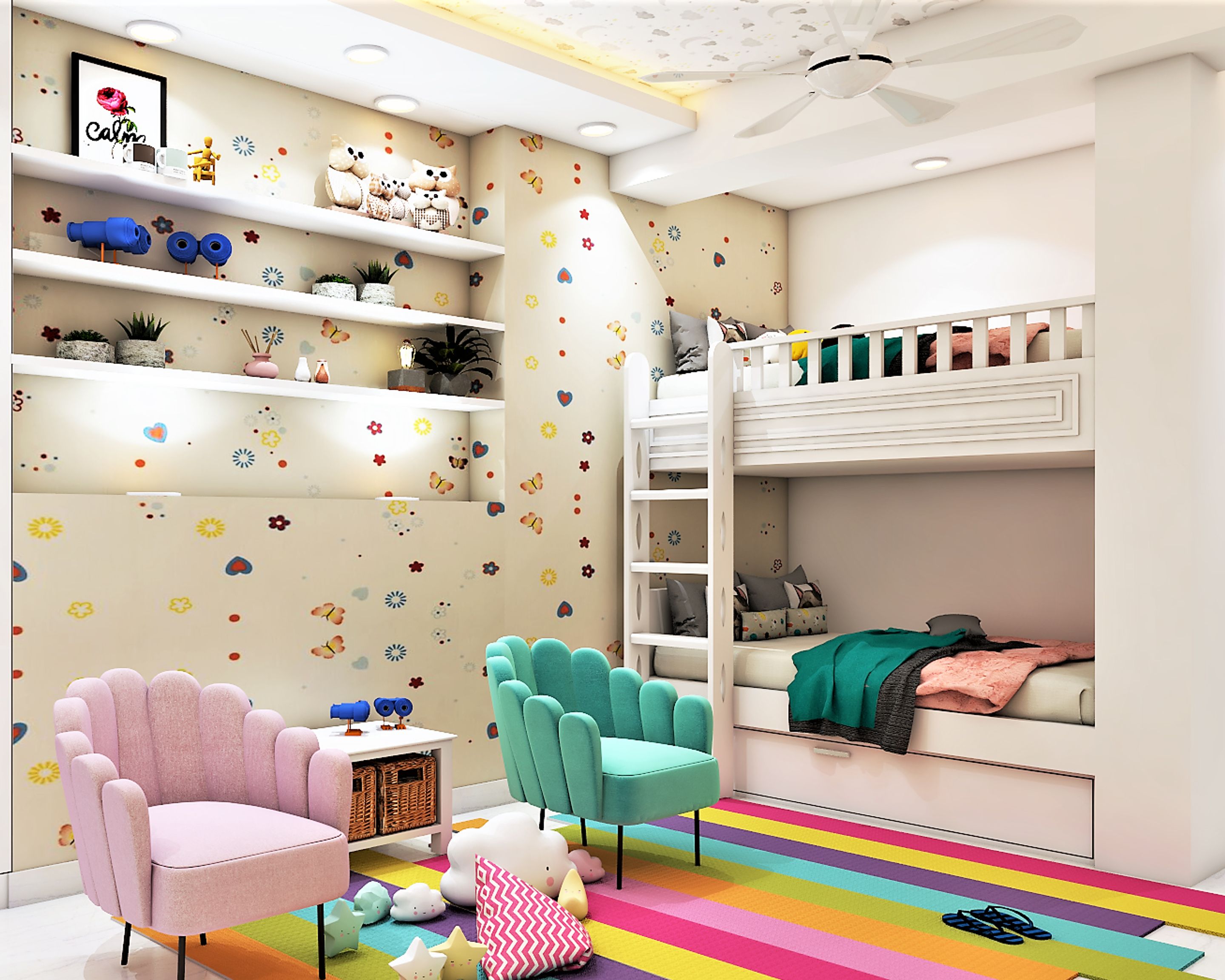 Multicoloured Doodle Bedroom Wallpaper Design | Livspace