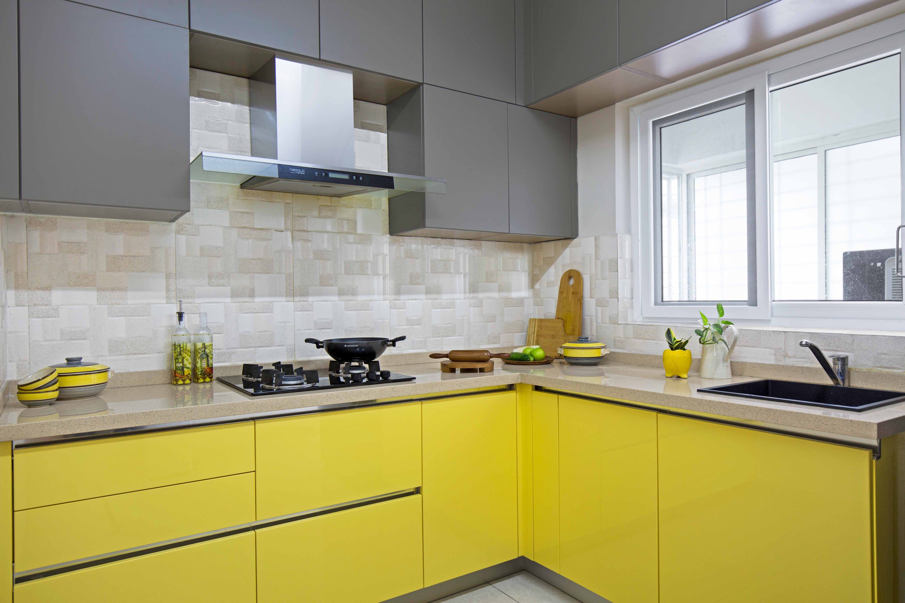 1 BHK Flat With Yellow And Grey L Shaped Kitchen | Livspace