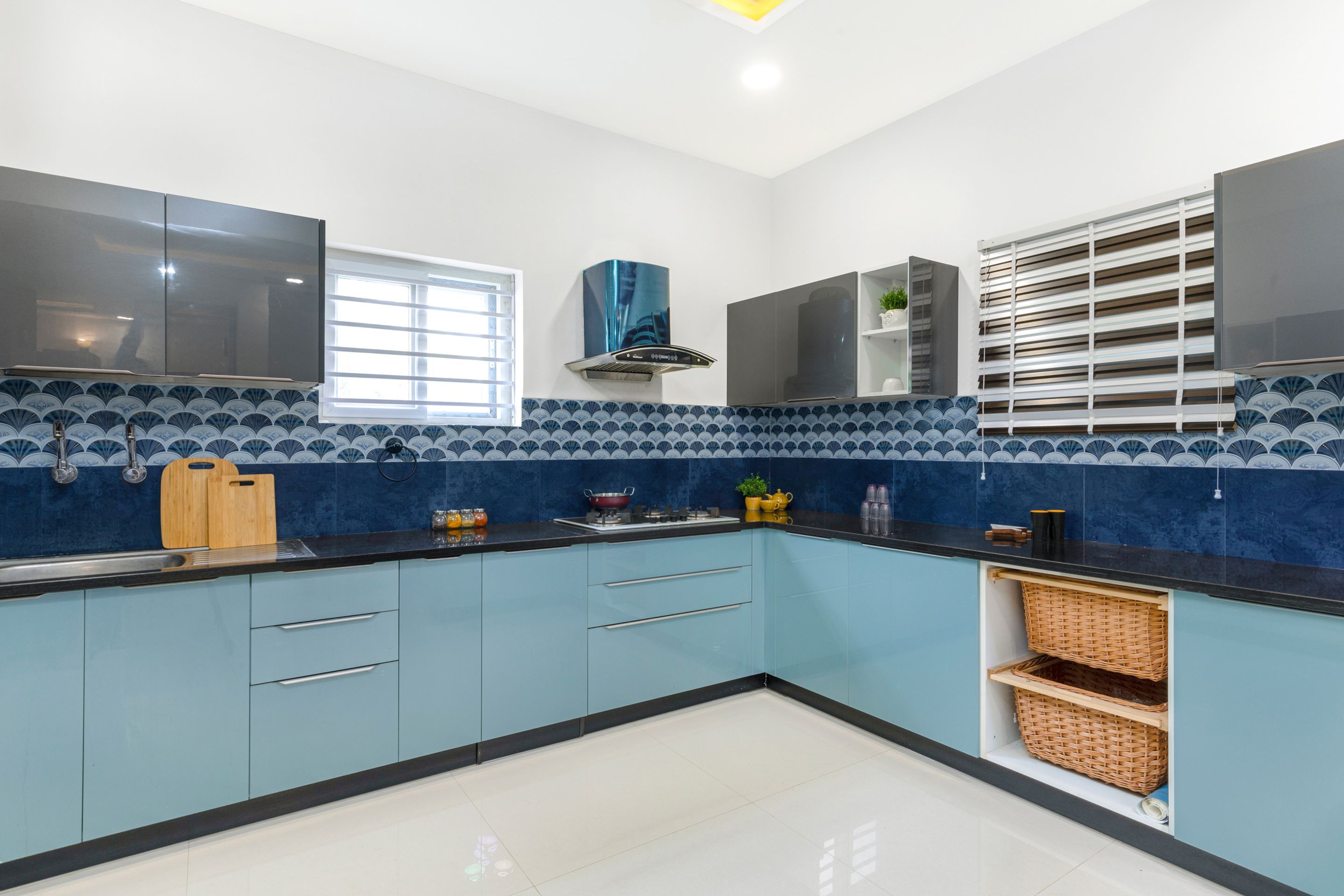 Dark Grey And Celestial Blue L Shaped Kitchen Design With Granite ...
