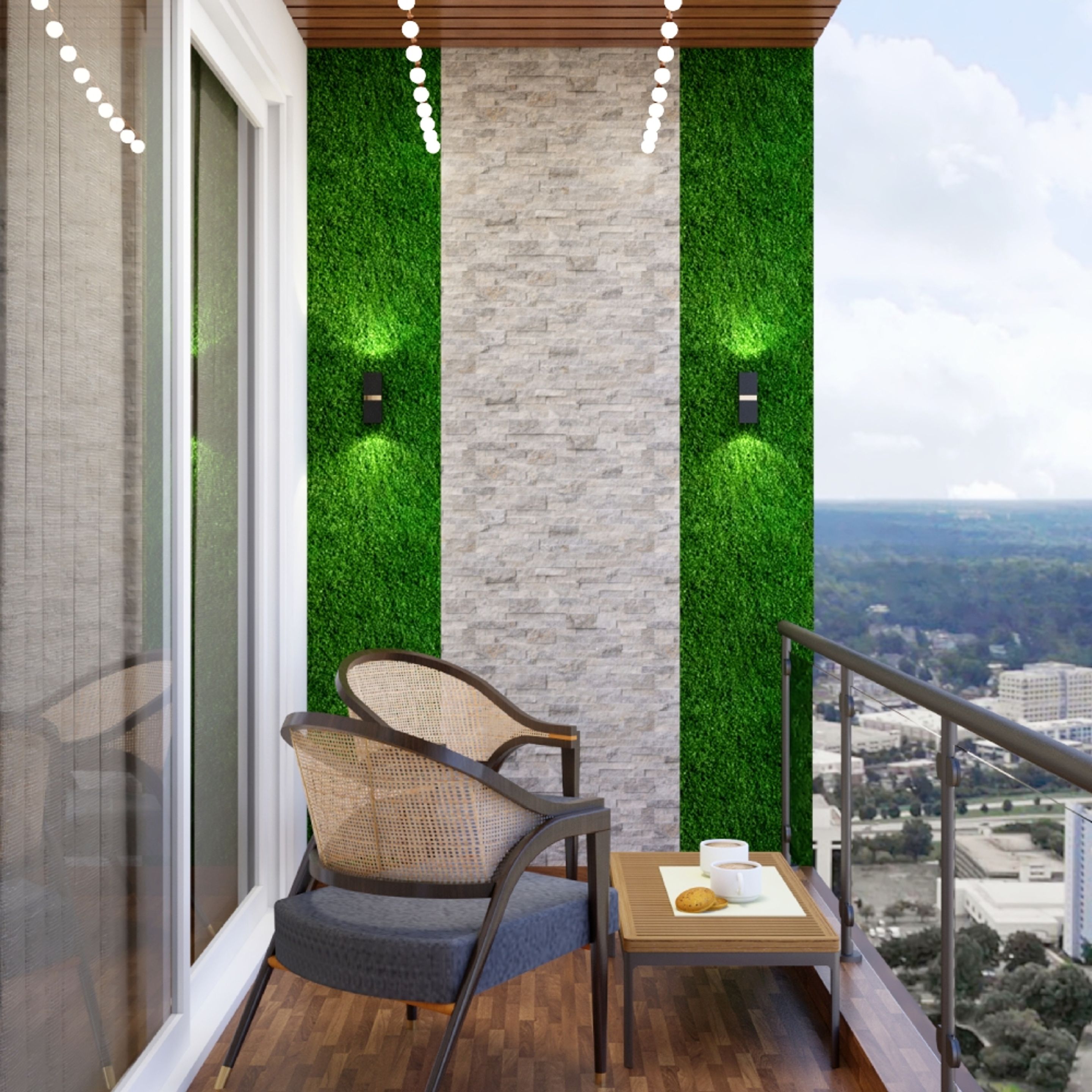 Balcony Design With Turf Grass And Stone Wallpaper | Livspace