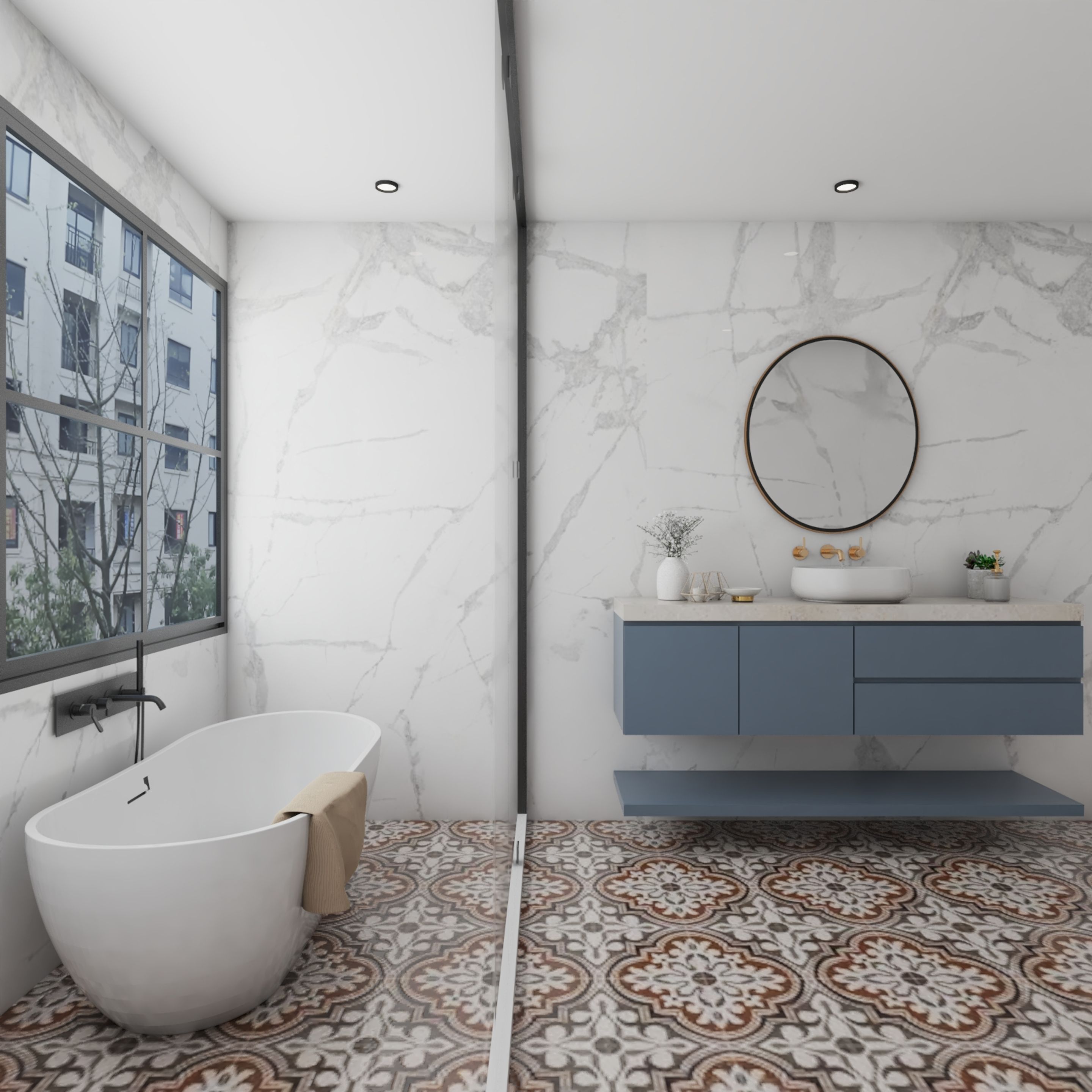 Multicoloured Bathroom Design With Blue Vanity Unit | Livspace