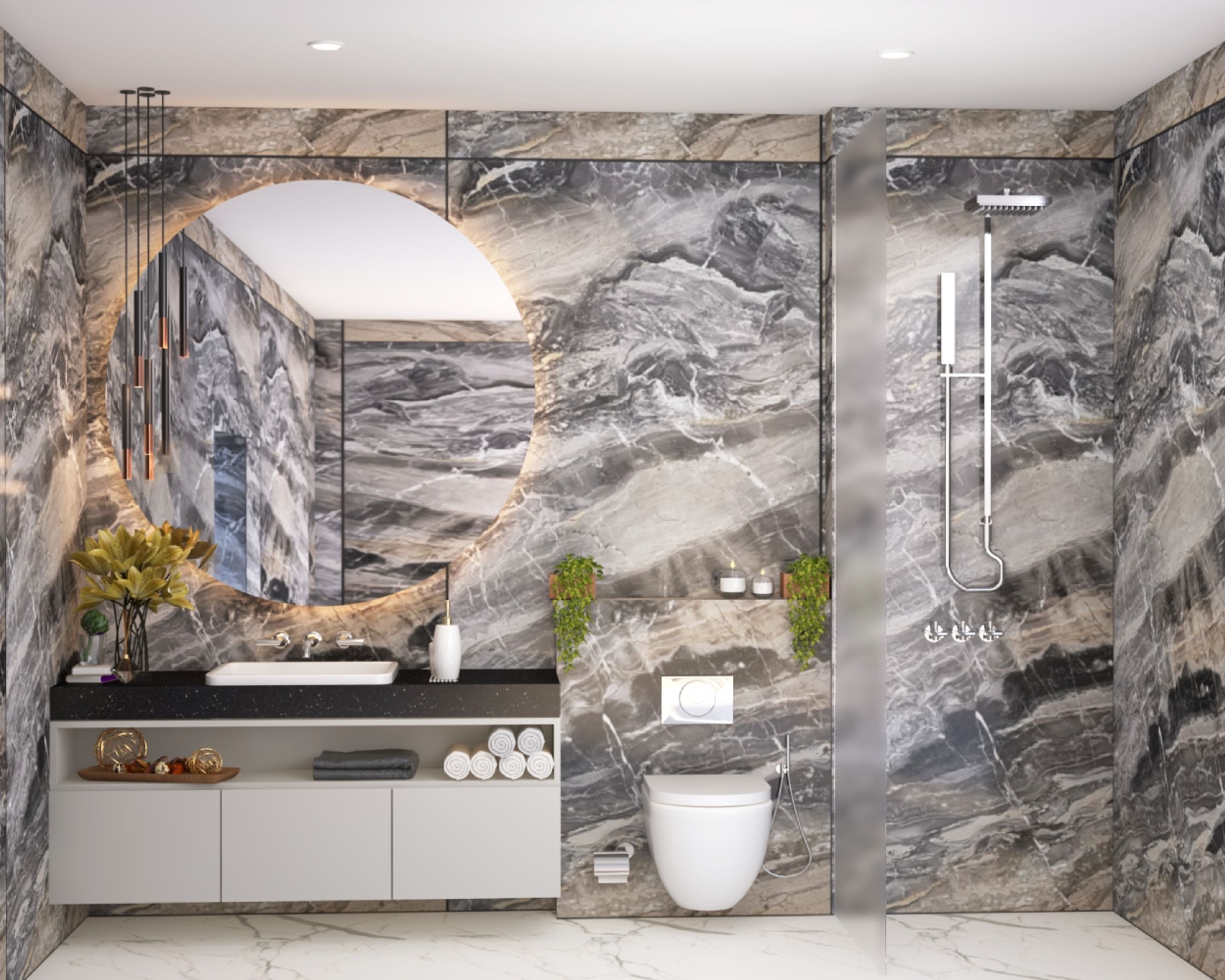 Bathroom Design With Dark Marble Walls | Livspace