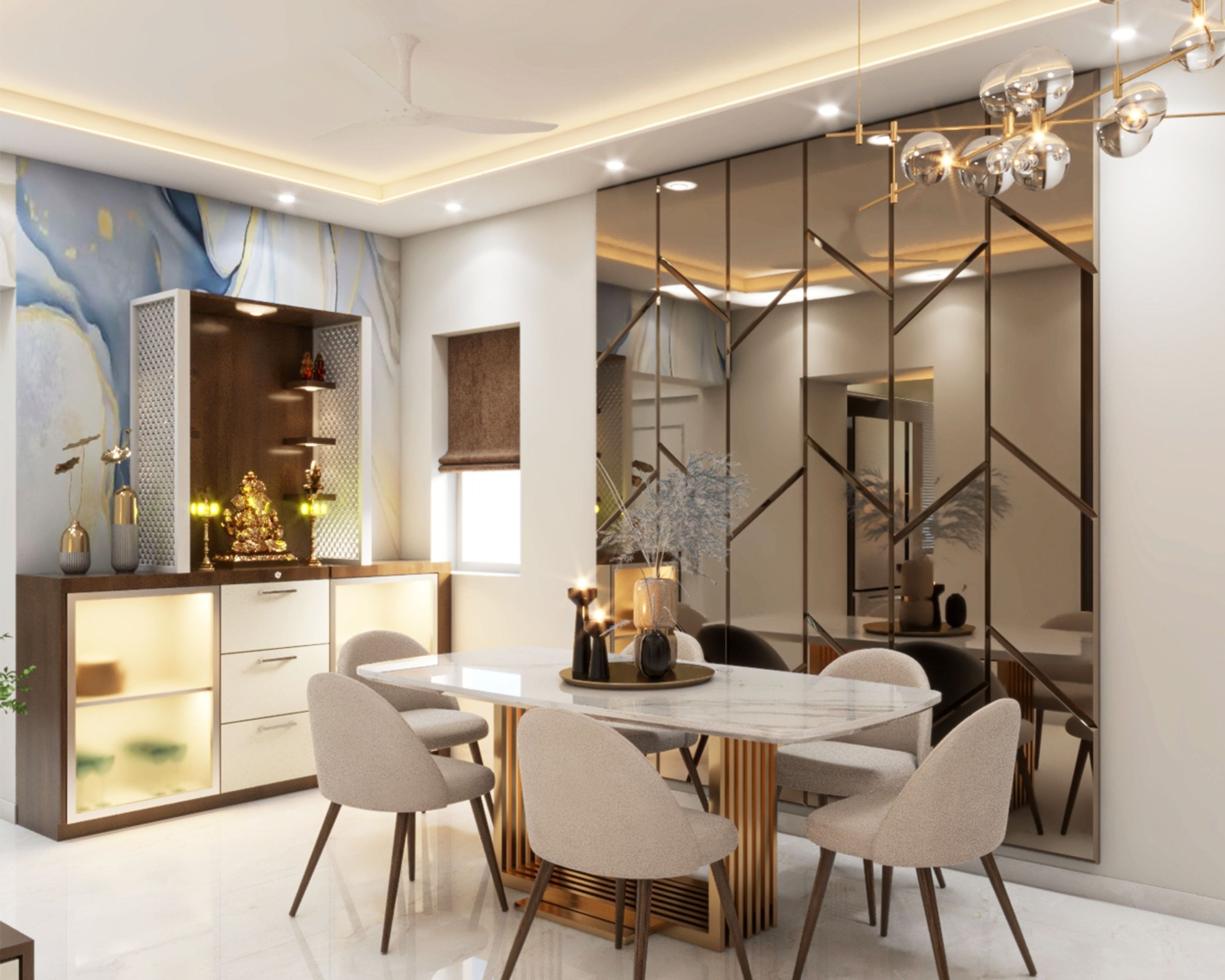 6-Seater Dining Room Design With Integrated Mandir Unit | Livspace