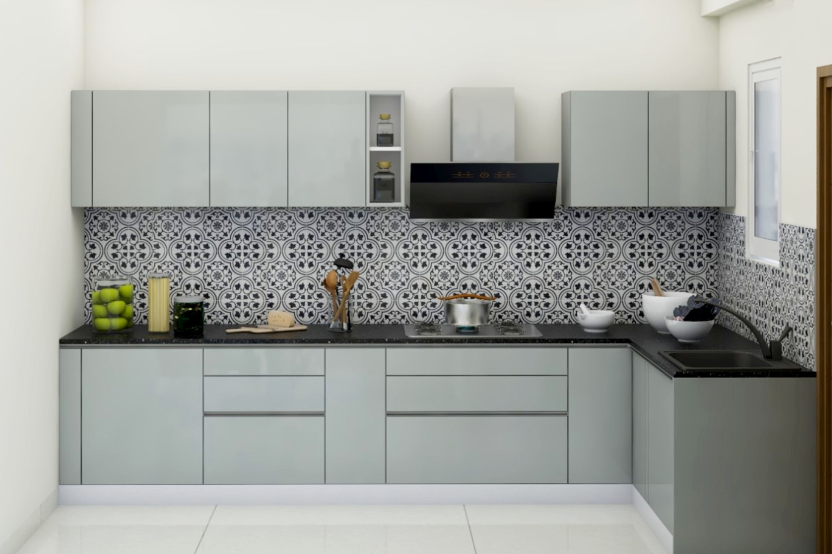 Smoke Grey L Shape Kitchen Design In High Gloss Finish | Livspace