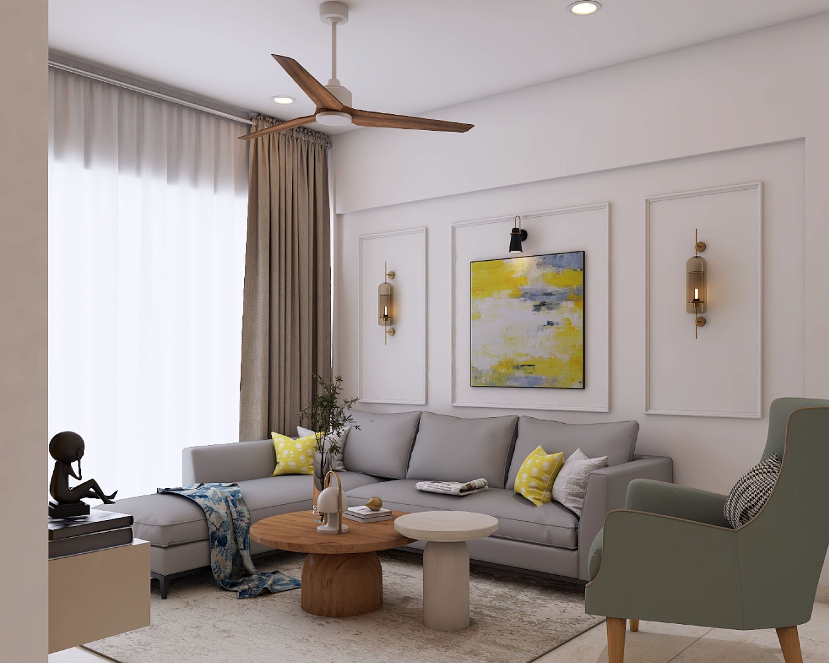 Yellow And Grey Living Room Design With Green Accent Chair | Livspace